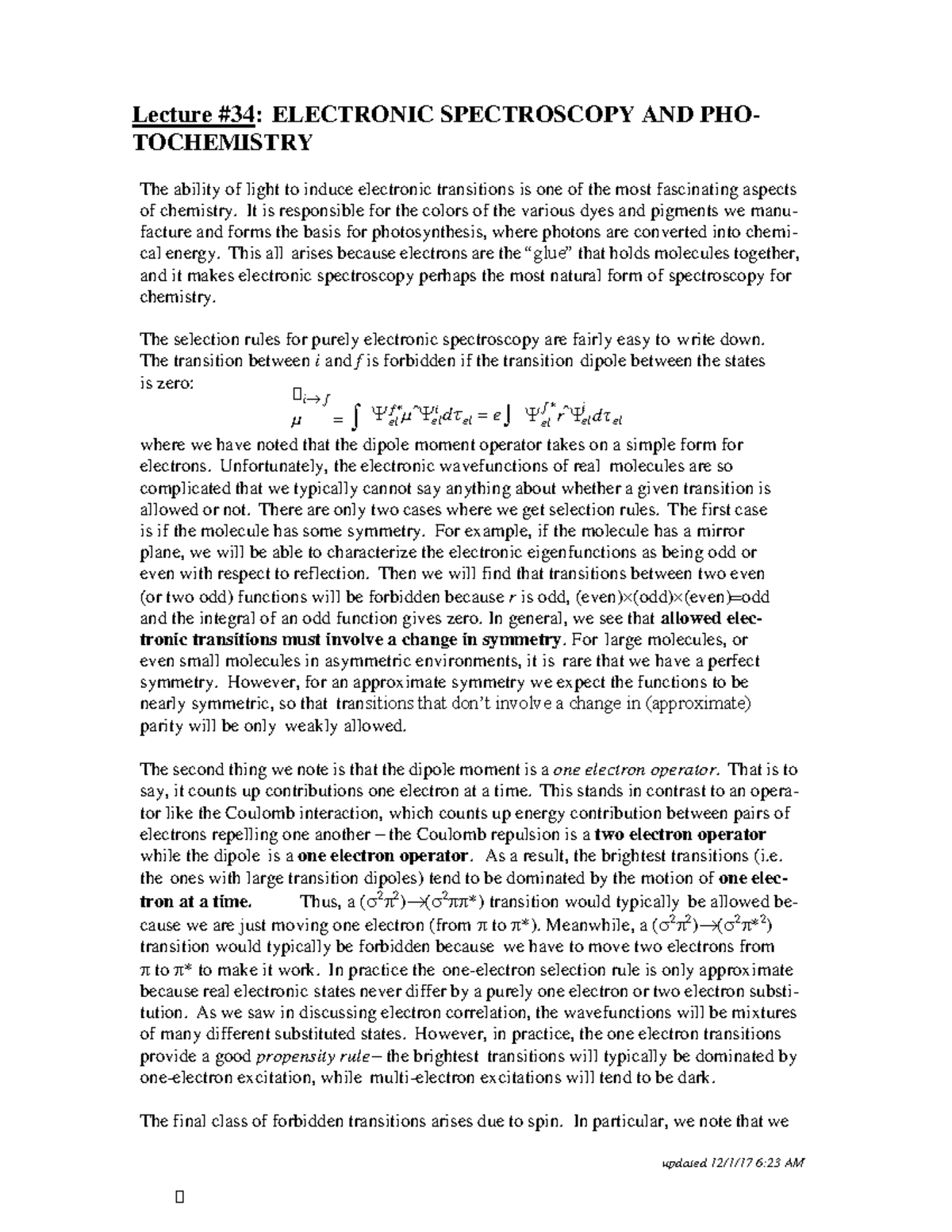 Electronic Spectroscopy AND Photochemistry - el el el rˆ d Lecture #34 ...