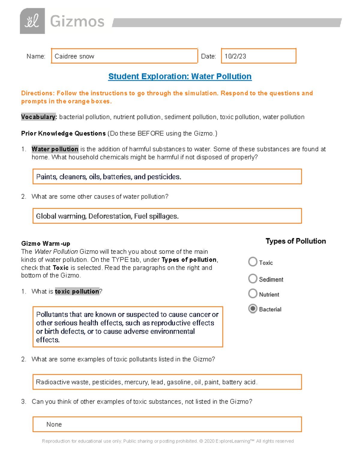 Caidree Snow - Water Pollution Gizmo - Name: Caidree snow Date: 10/2 ...