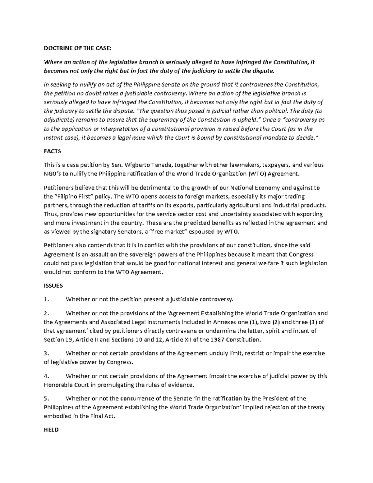 Tanada-VS- Angara - case digest - DOCTRINE OF THE CASE: Where an action ...