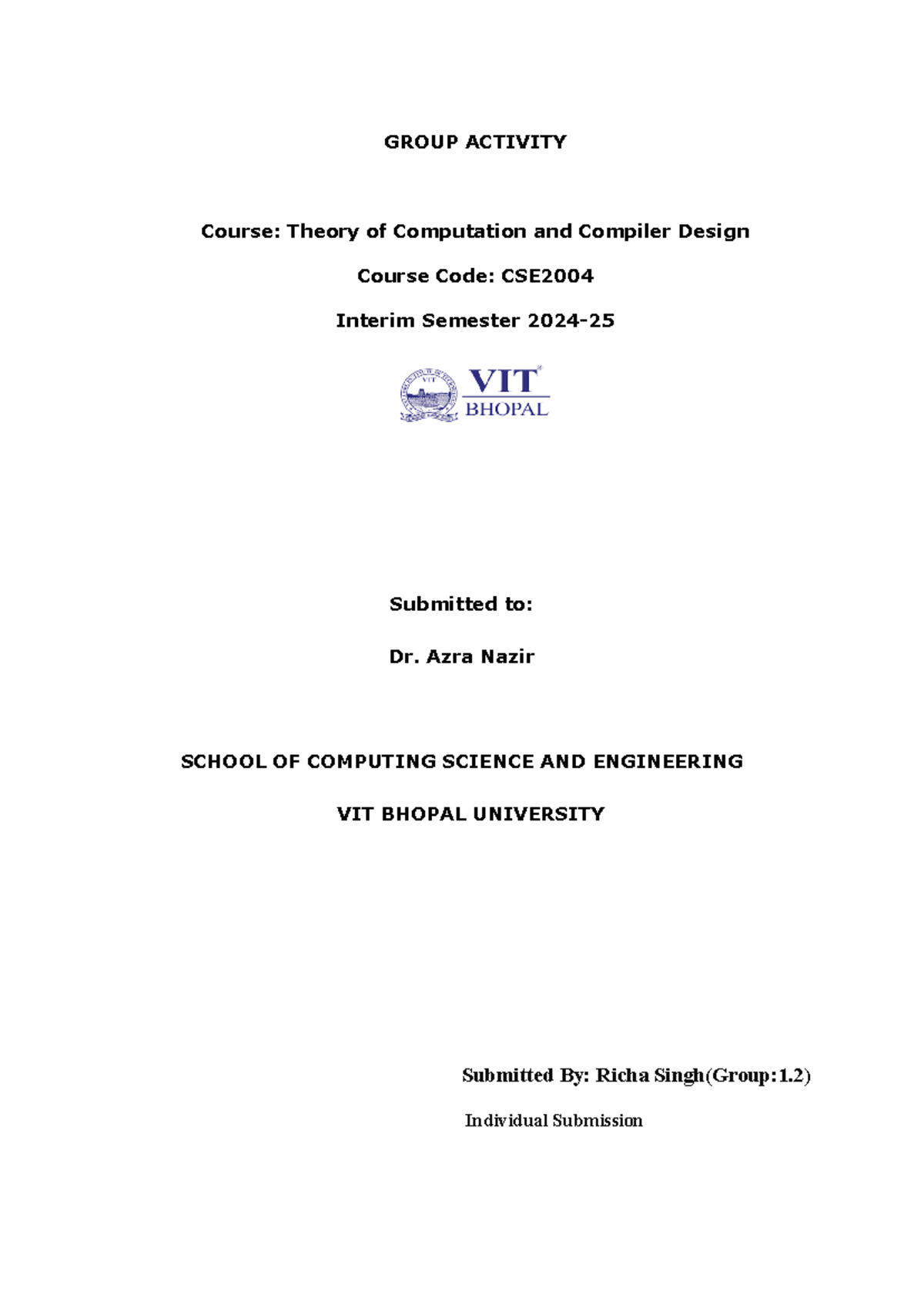 Report TOC - GROUP ACTIVITY Course: Theory of Computation and Compiler ...