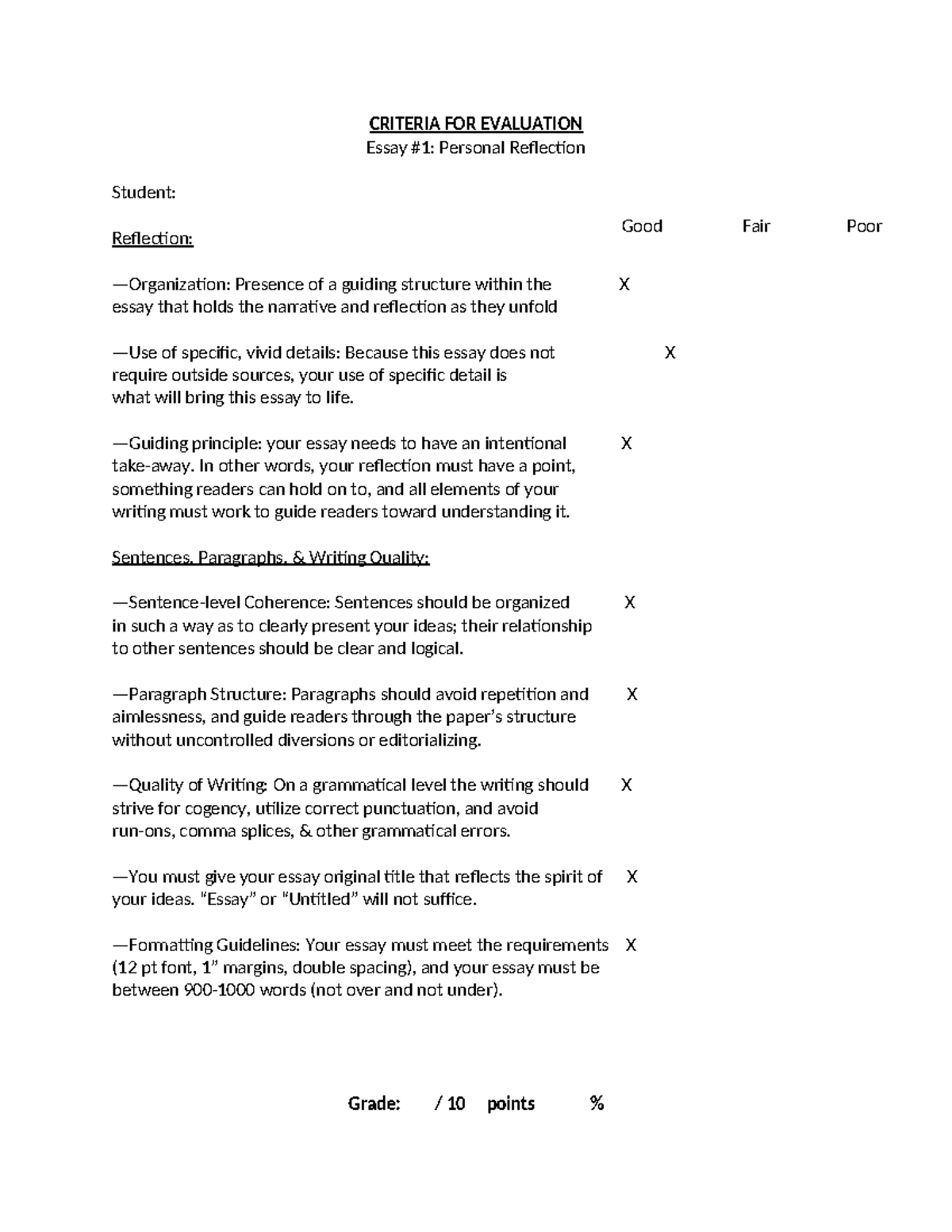 Drexel 102 Reflection Grading Rubric - CRITERIA FOR EVALUATION Essay #1 ...