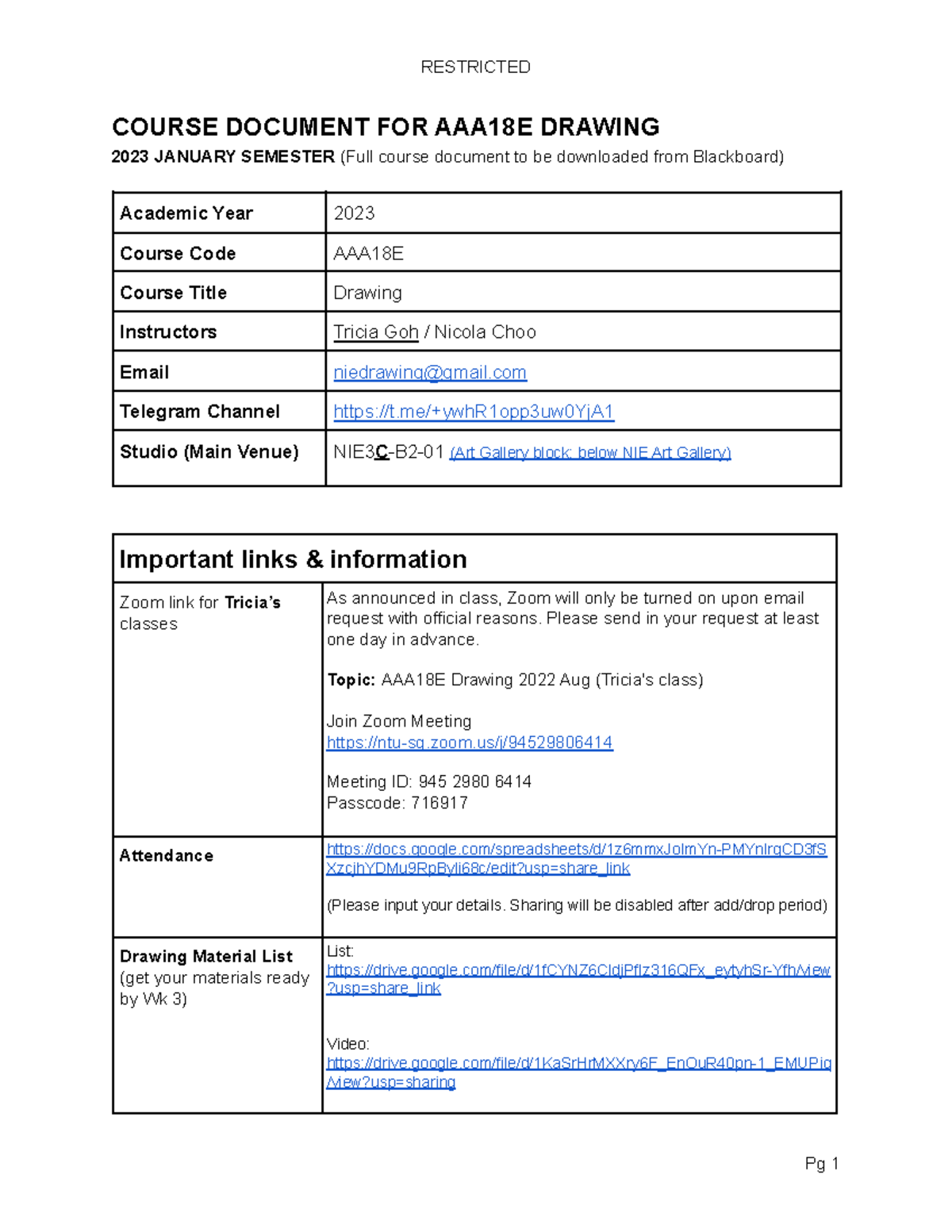 AAA18E Drawing Course Outline 2023 Jan - COURSE DOCUMENT FOR AAA18E ...