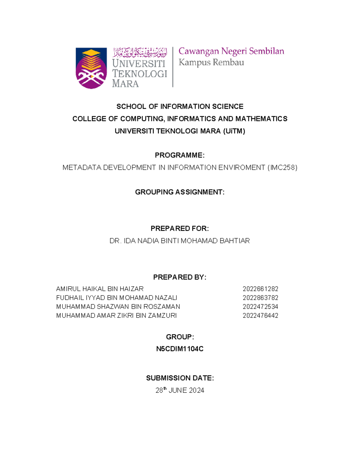 IMC258 Grouping - SCHOOL OF INFORMATION SCIENCE COLLEGE OF COMPUTING ...