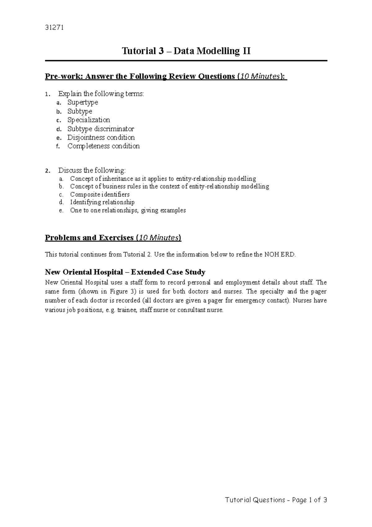 Tutorial 3- Question - 31271 Tutorial 3 – Data Modelling II Pre-work ...