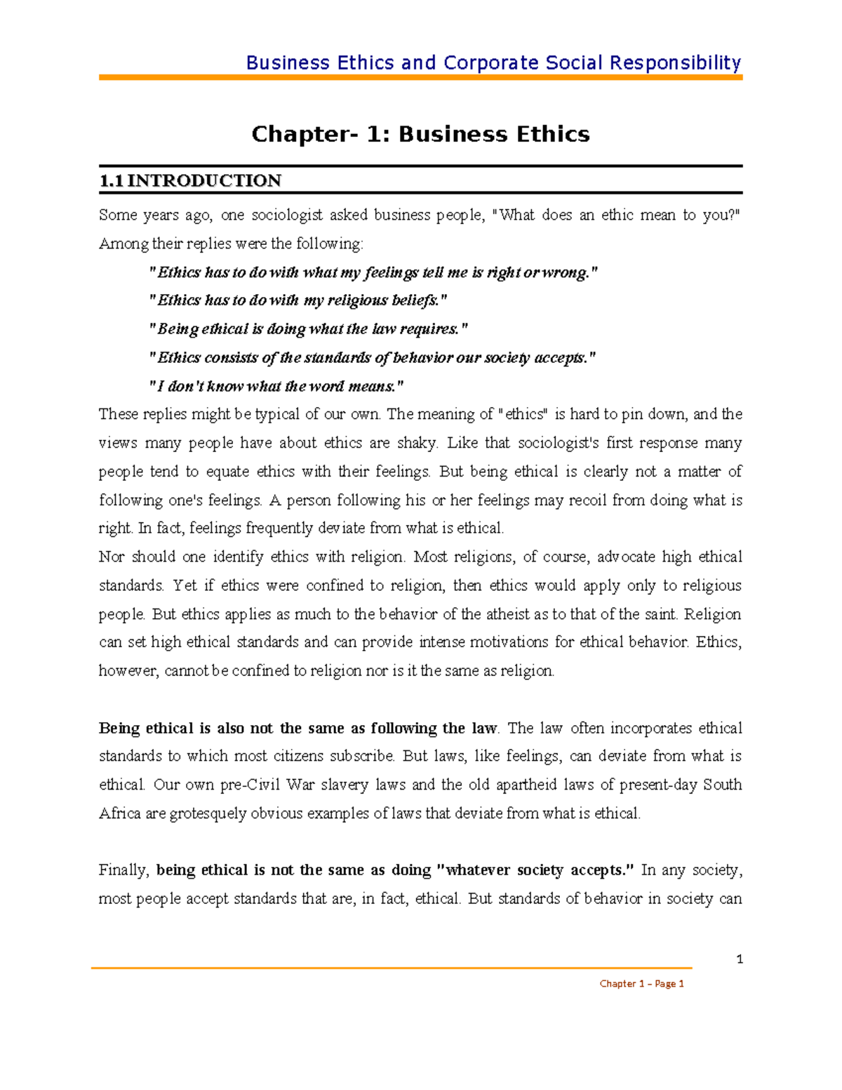 Chapter 1 - Chapter- 1: Business Ethics 1 INTRODUCTION 1 INTRODUCTION ...