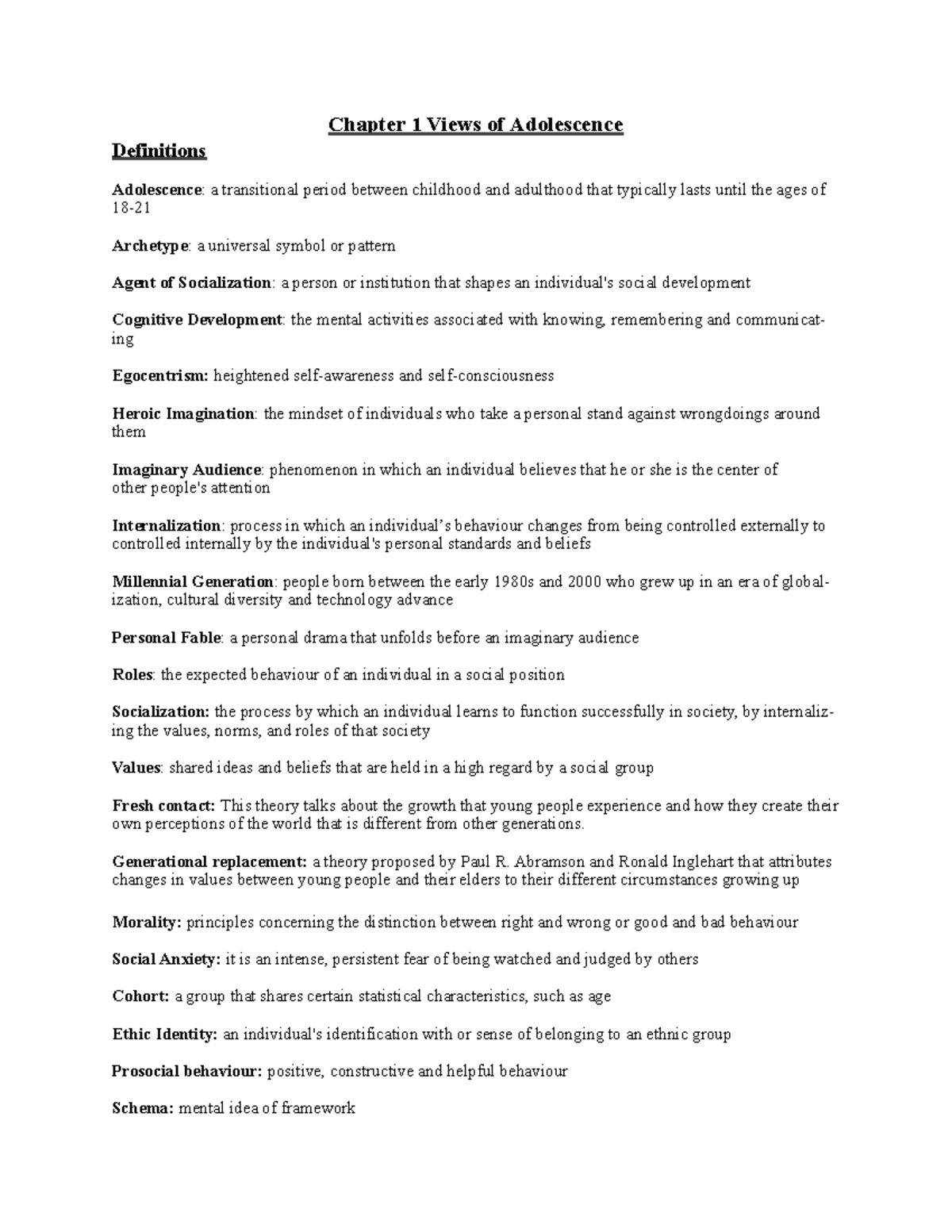 Ch. 1 Test Review - Chapter 1 Views of Adolescence Definitions ...