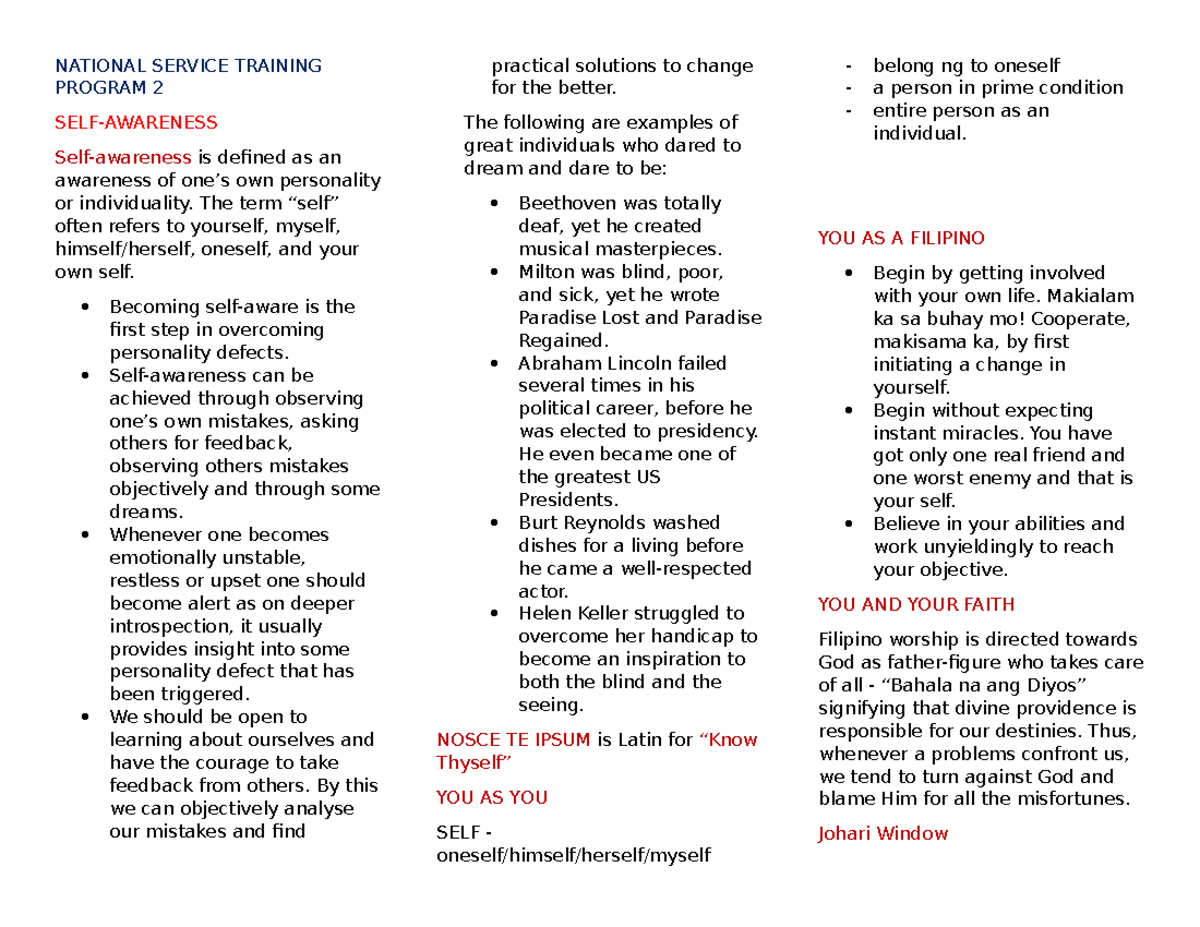 NSTP 2 Reviewer - NATIONAL SERVICE TRAINING PROGRAM 2 SELF-AWARENESS ...