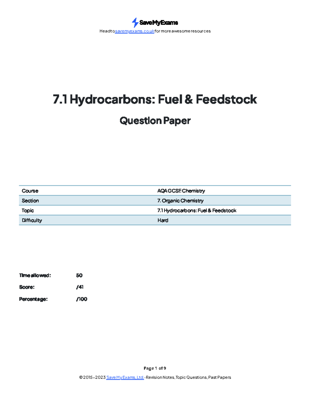 Hard ST - Practise questions for GCSE chemistry - 7 Hydrocar ...