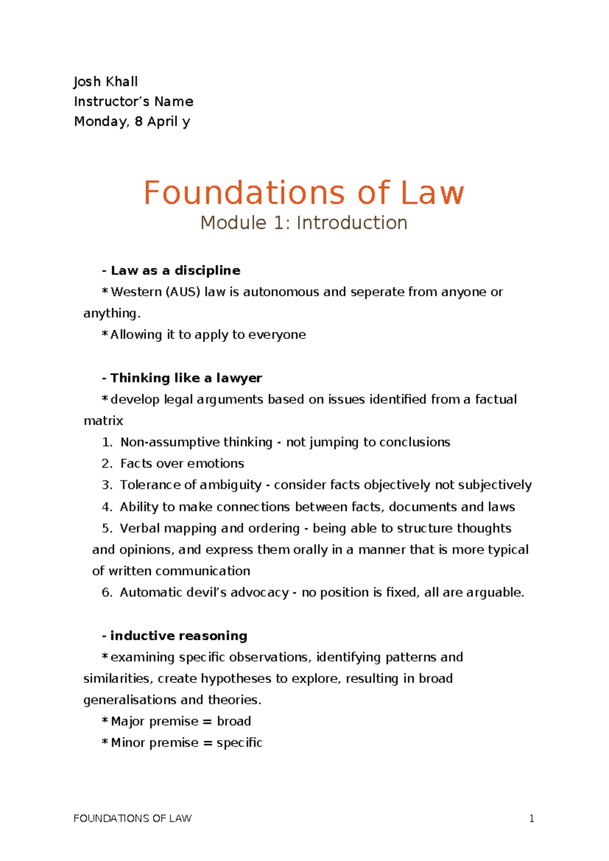 Foundations of Law - Josh Khall Instructor’s Name Monday, 8 April y ...