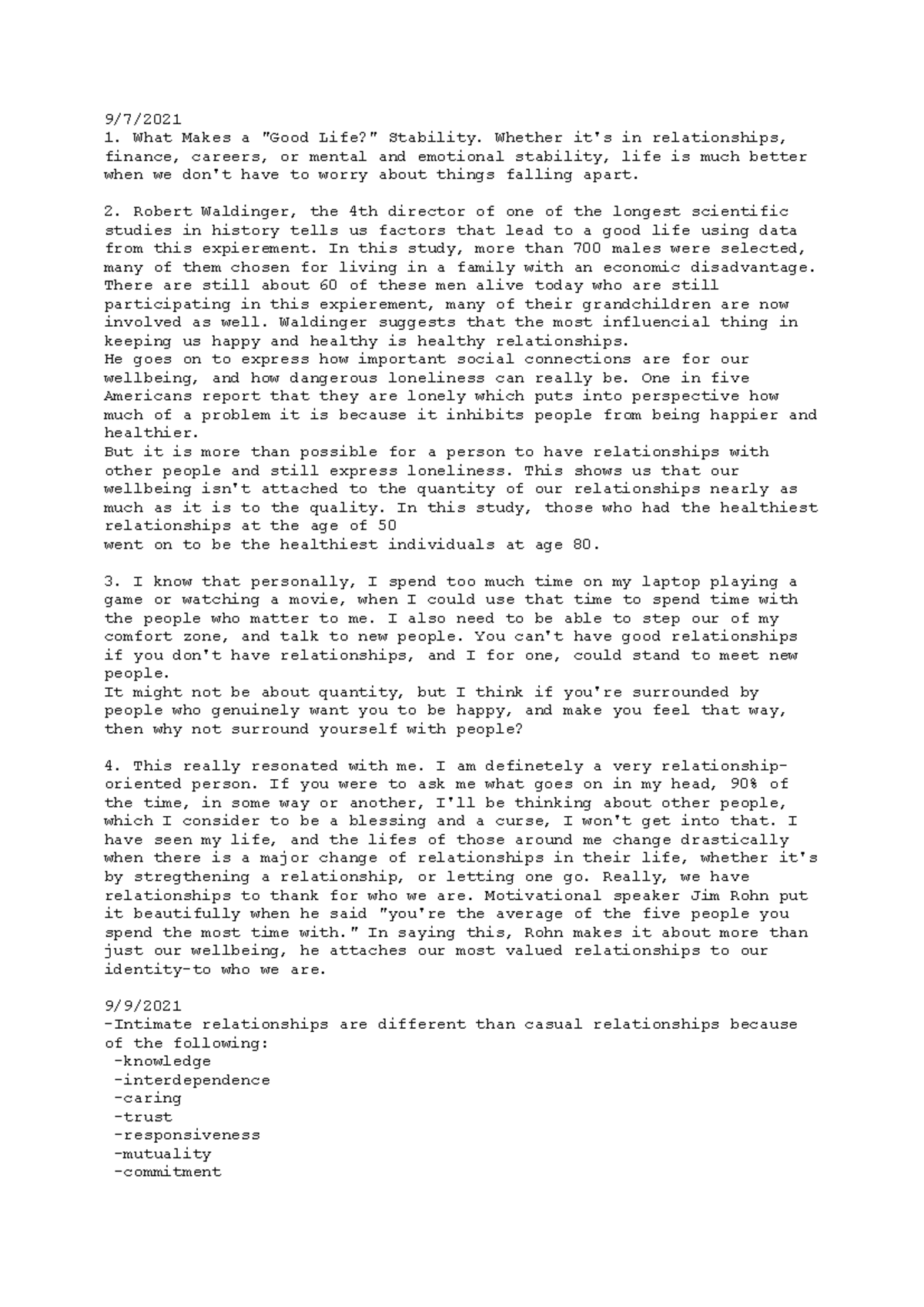 Psych Notes - Professor: Craig Oreshnick - 9/7/ What Makes a "Good Life ...