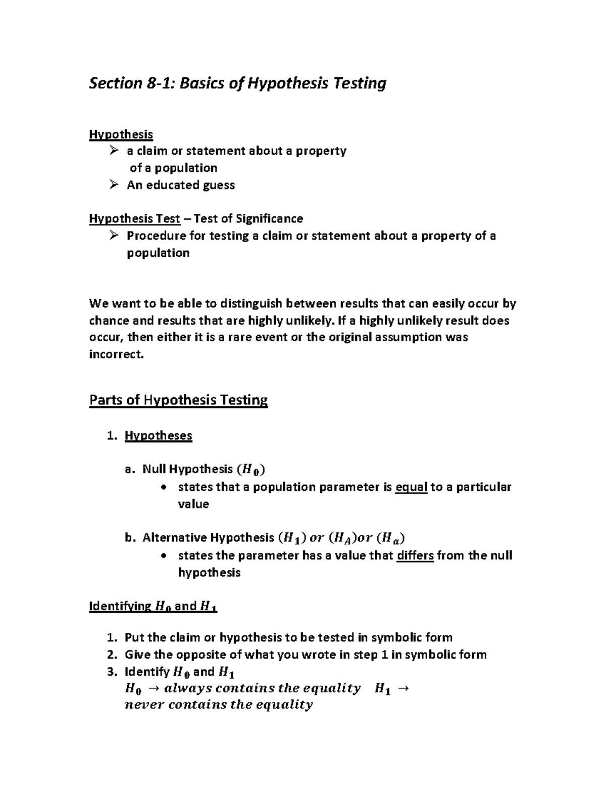Notes; Sec 8-1-2 - Section 8-1: Basics of Hypothesis Testing Hypothesis ...