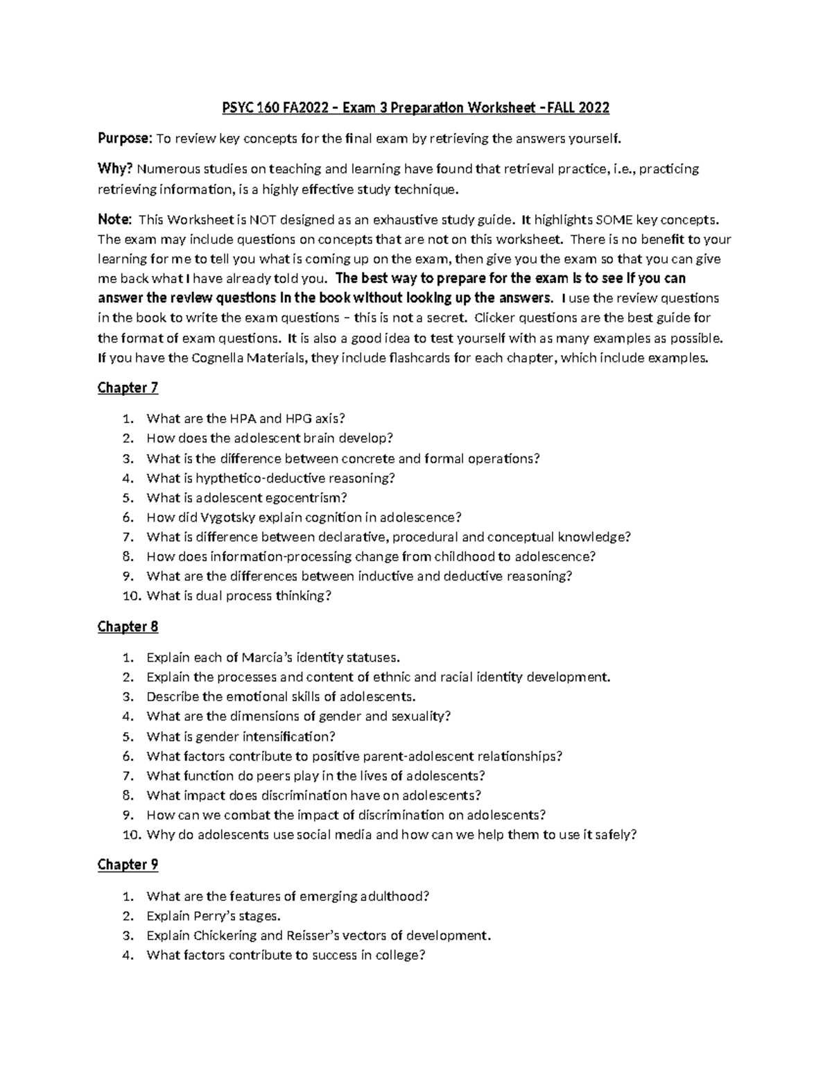 Exam 3 Preparation Worksheet FALL 2022 - PSYC 160 FA2022 – Exam 3 Preparation Worksheet –FALL ...