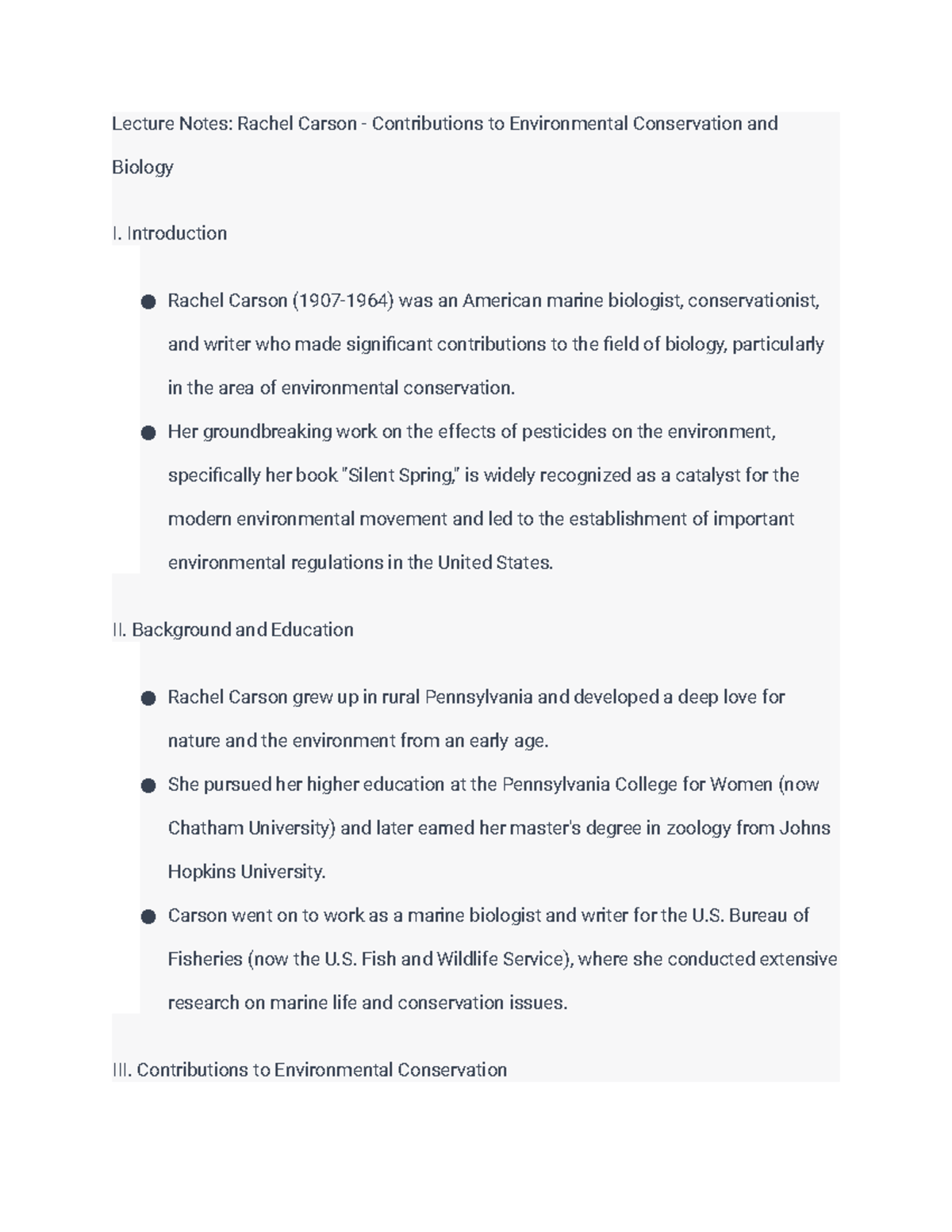 Rachel Carson notes - Lecture Notes: Rachel Carson - Contributions to ...