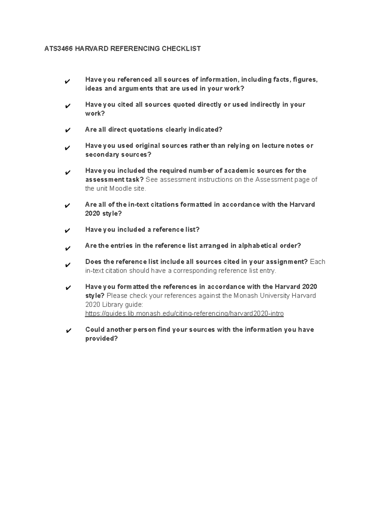 Referencing Checklist - ATS3466 HARVARD REFERENCING CHECKLIST Have you ...