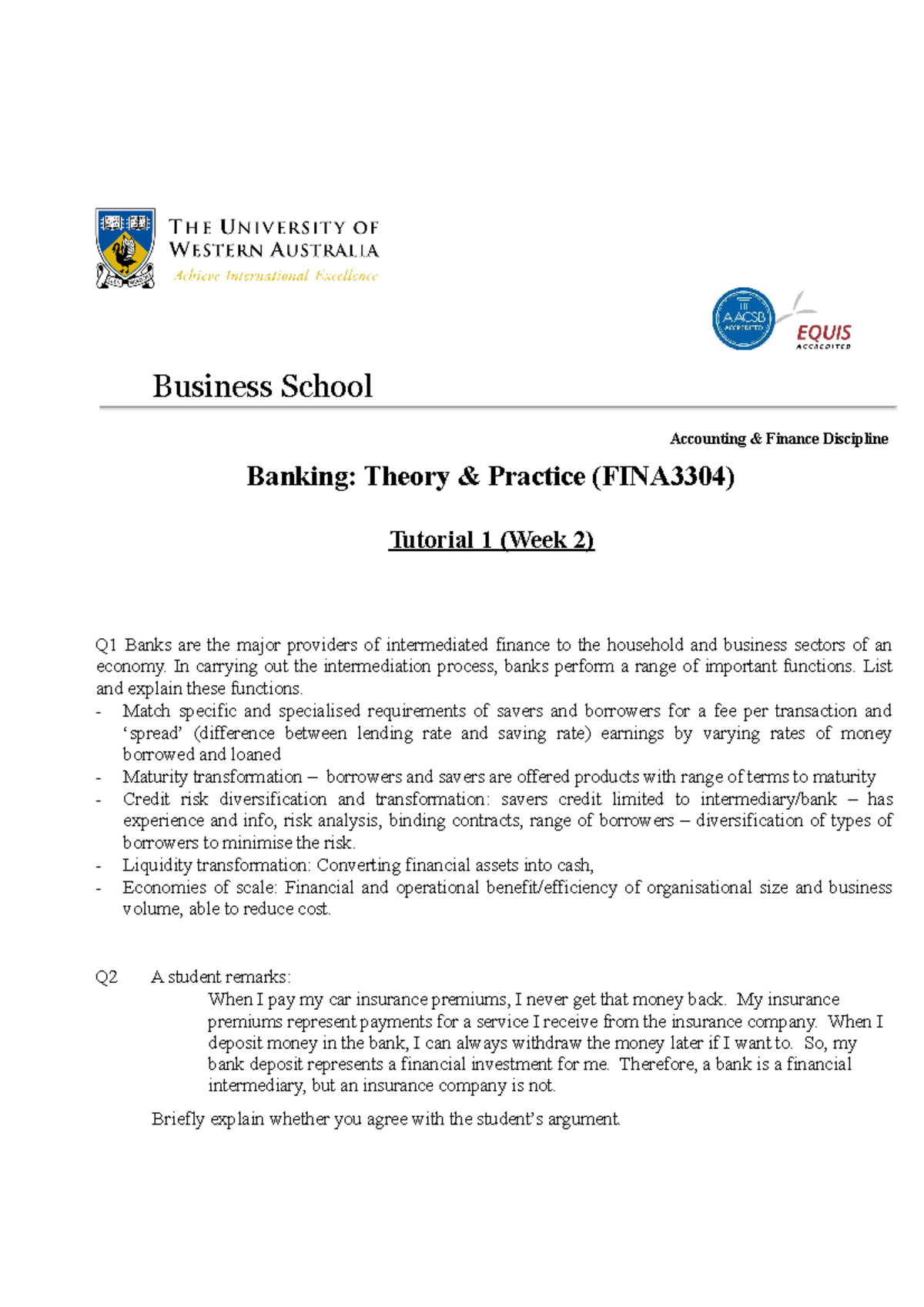 Tutorial 1 answers - Business School Accounting & Finance Discipline ...