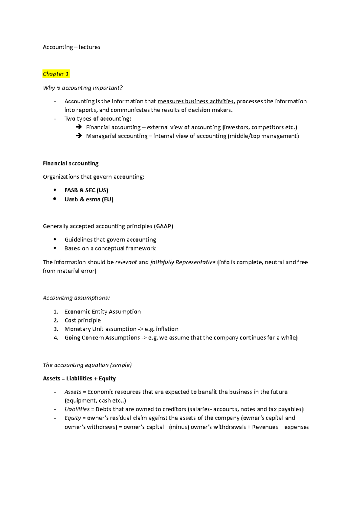 Accounting chapter 1 - Accounting – lectures Chapter 1 Why is ...
