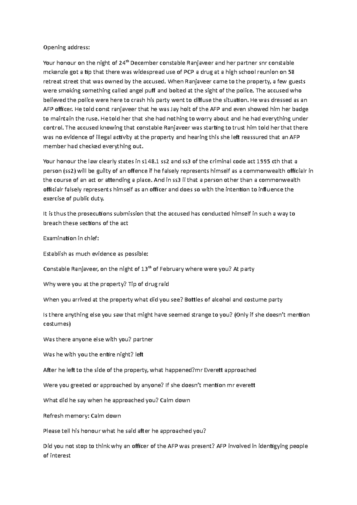 Final address - Witness examination transcript - Opening address: Your ...