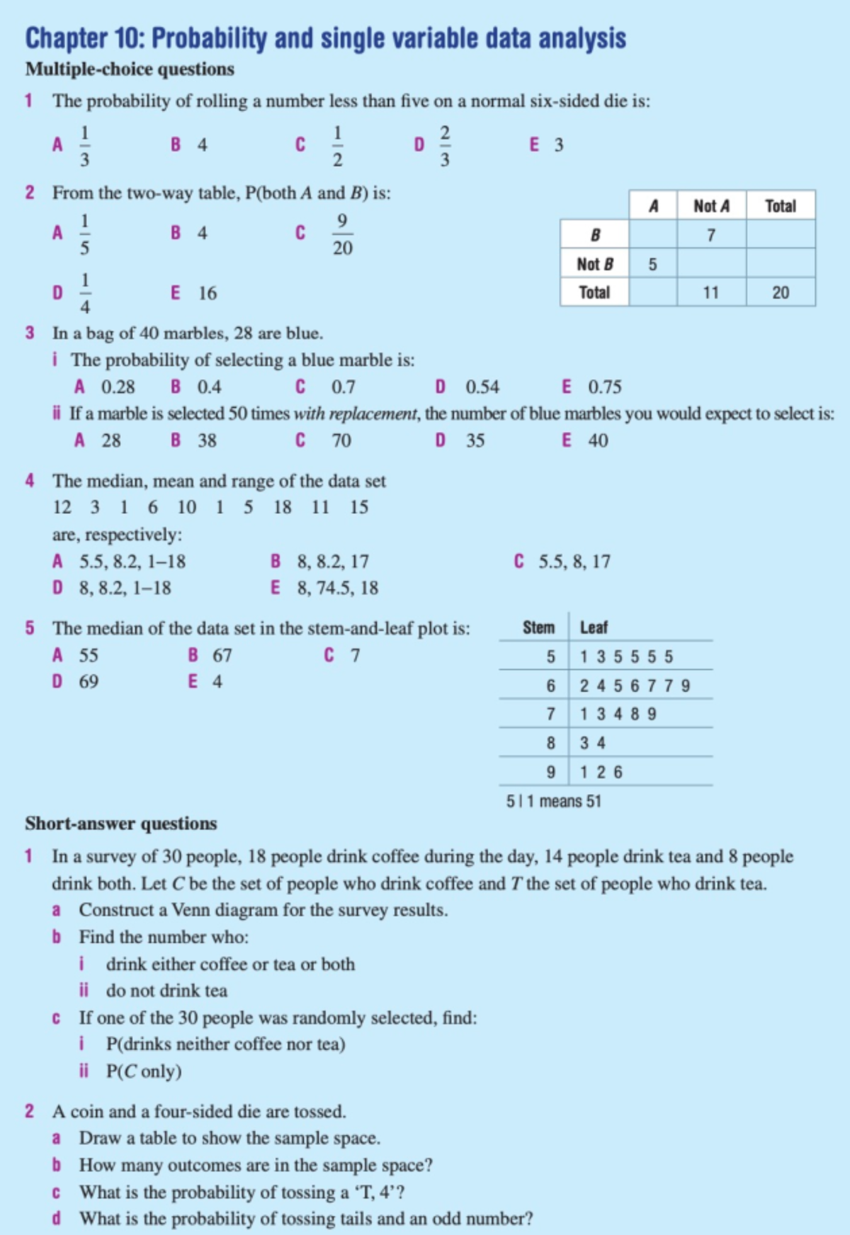 Math Year 9 Review - Chapter 10: Probability and single variable data ...