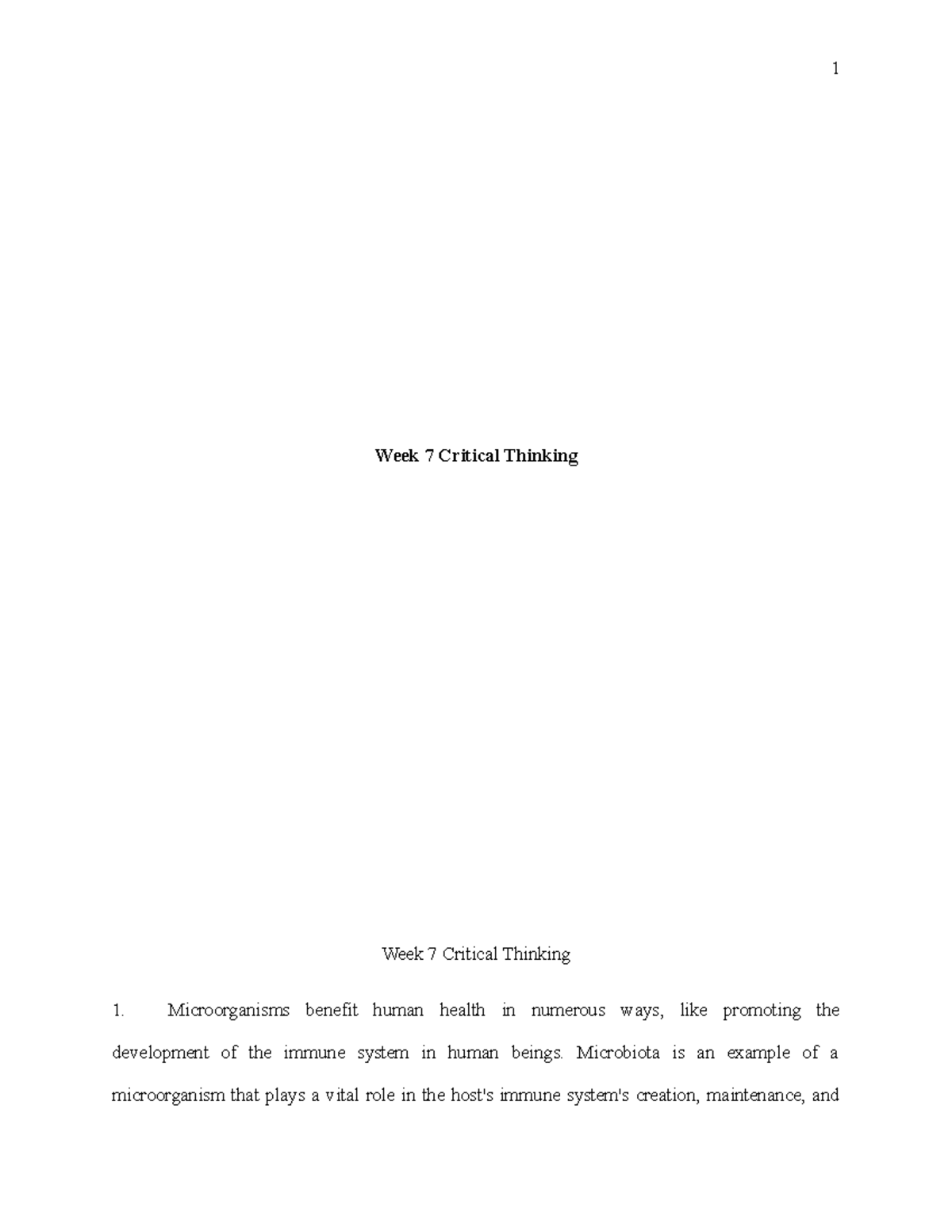 Microbiology -critical thinking week 7 - 1 Week 7 Critical Thinking ...