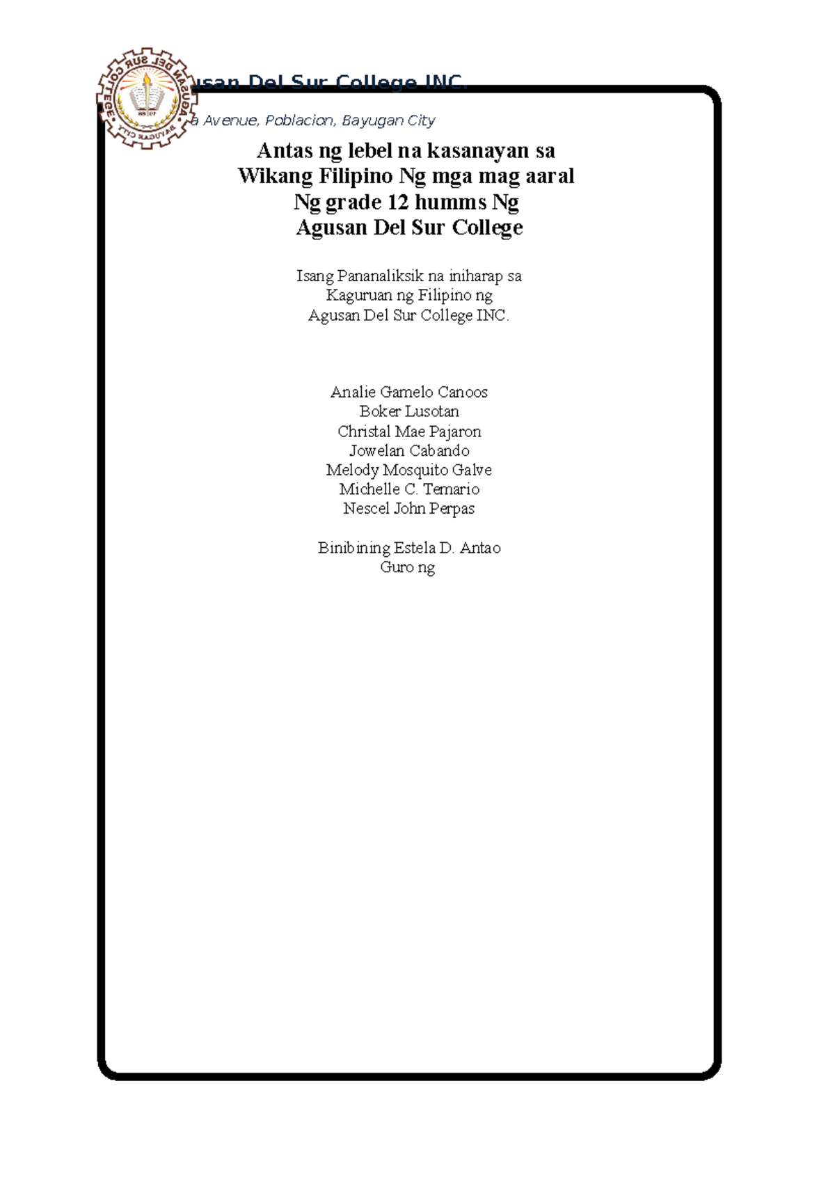 Fildis sample - Antas ng lebel na kasanayan sa Wikang Filipino Ng mga ...