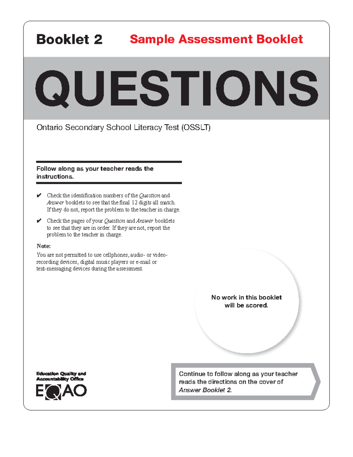 Sample Osslt Booklet 2 Questions - QUESTIONS ####### Continue to follow ...