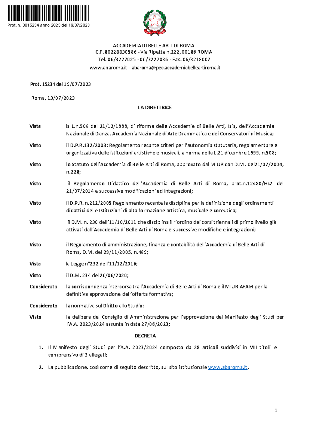 Manifesto studi 2023 2024 aggiornato 19luglio - ACCADEMIA DI BELLE ARTI DI ROMA C. 80228830586 ...