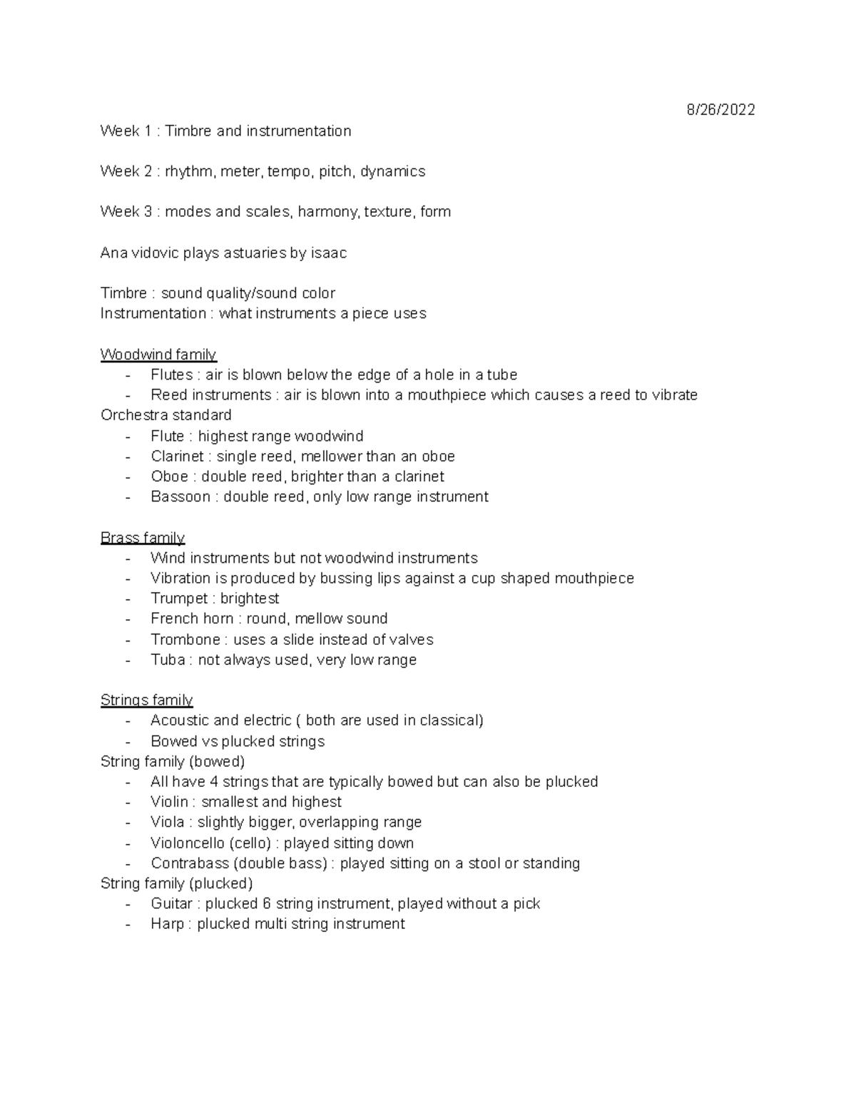 Music notes - 8/26/ Week 1 : Timbre and instrumentation Week 2 : rhythm ...
