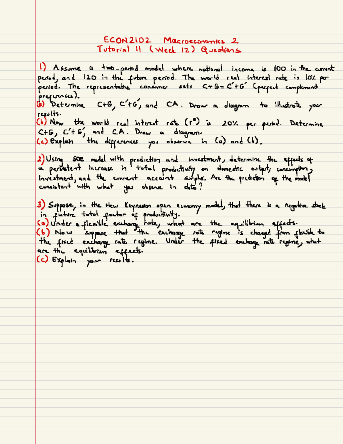 Tutorial 11 Questions - Lecture notes 1 - ECON 2102 Macroeconomics 2 ...