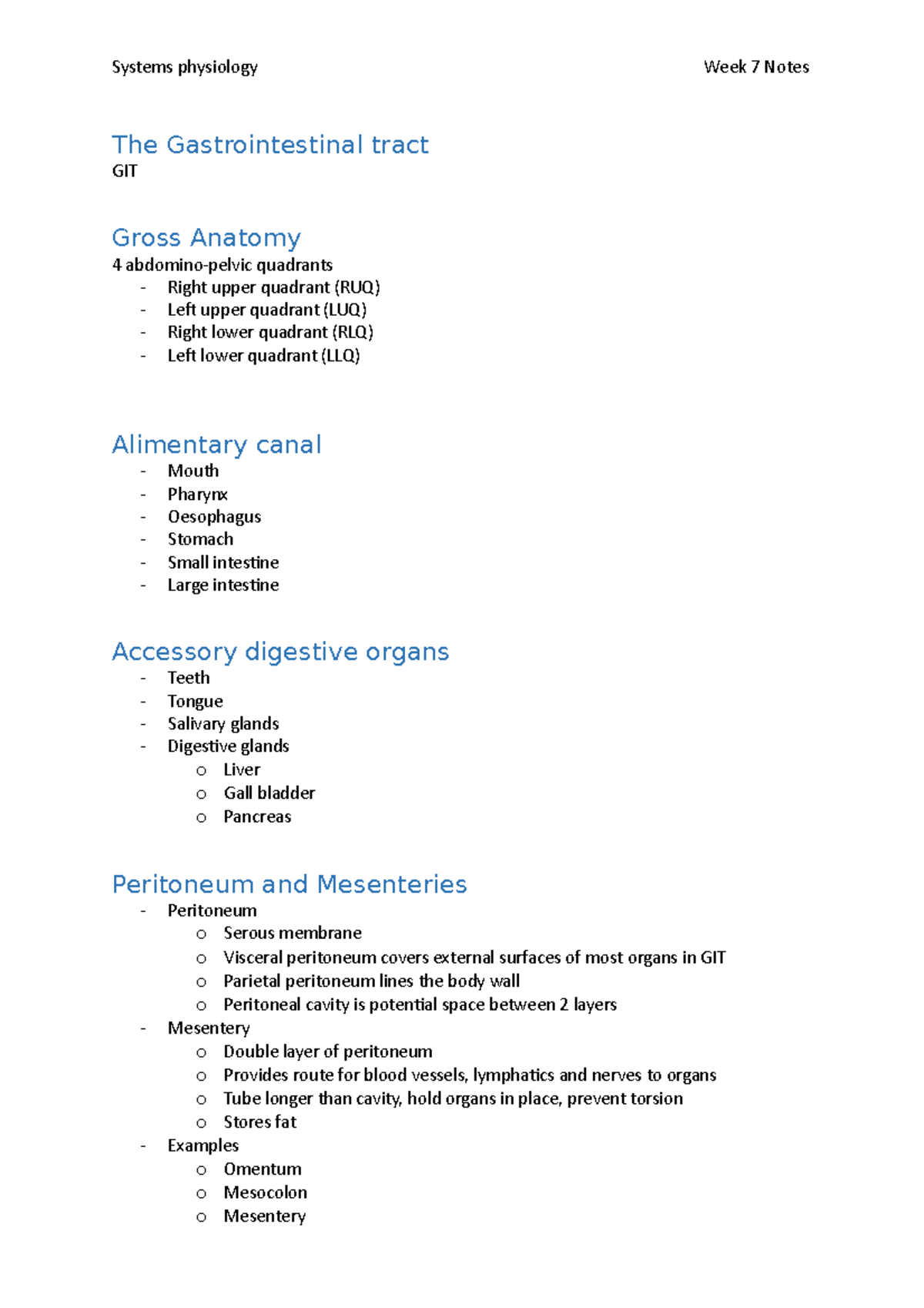 Week 7 (GIT) - Lecture note 7 - The Gastrointestinal tract GIT Gross ...