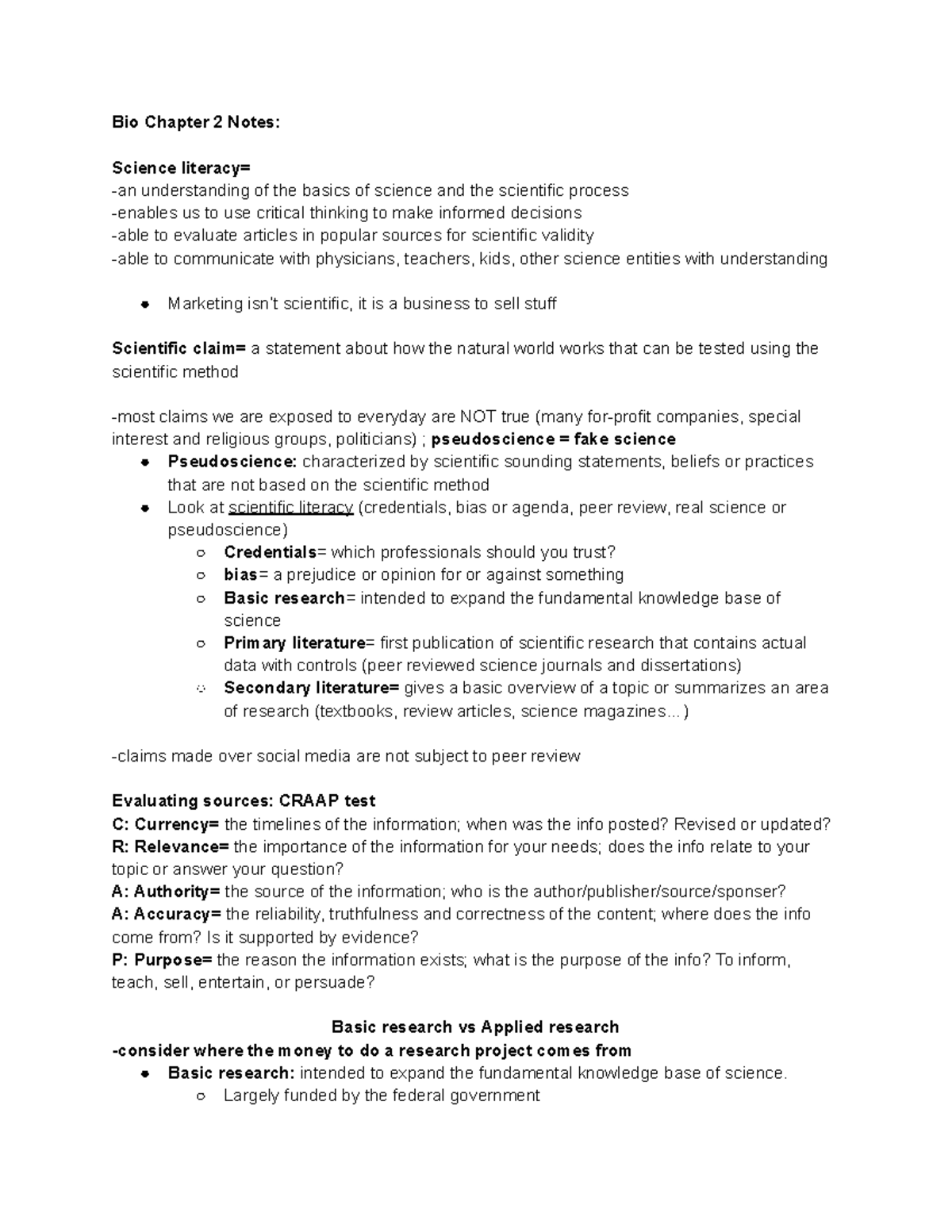 Bio Chapter 2 Notes - Bio Chapter 2 Notes: Science literacy= -an ...