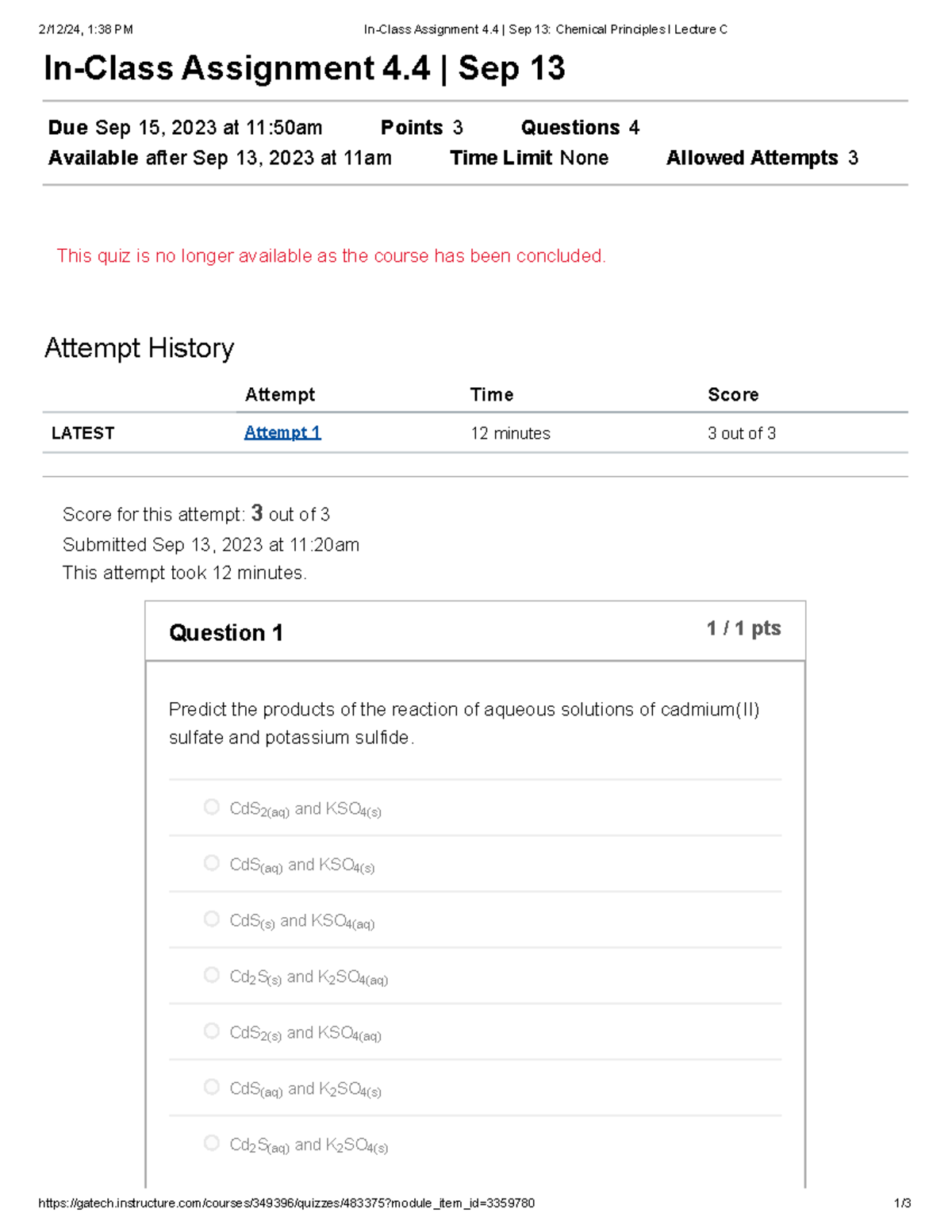 In-Class Assignment 4.4 Sep 13 Chemical Principles I Lecture C - 2/12/24, 1:38 PM In-Class - Studocu