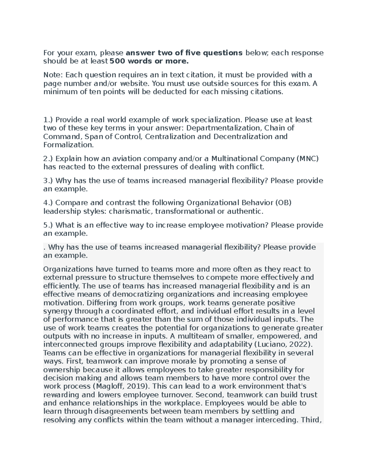 Exam Two - Exam Two writing samples - For your exam, please answer two ...