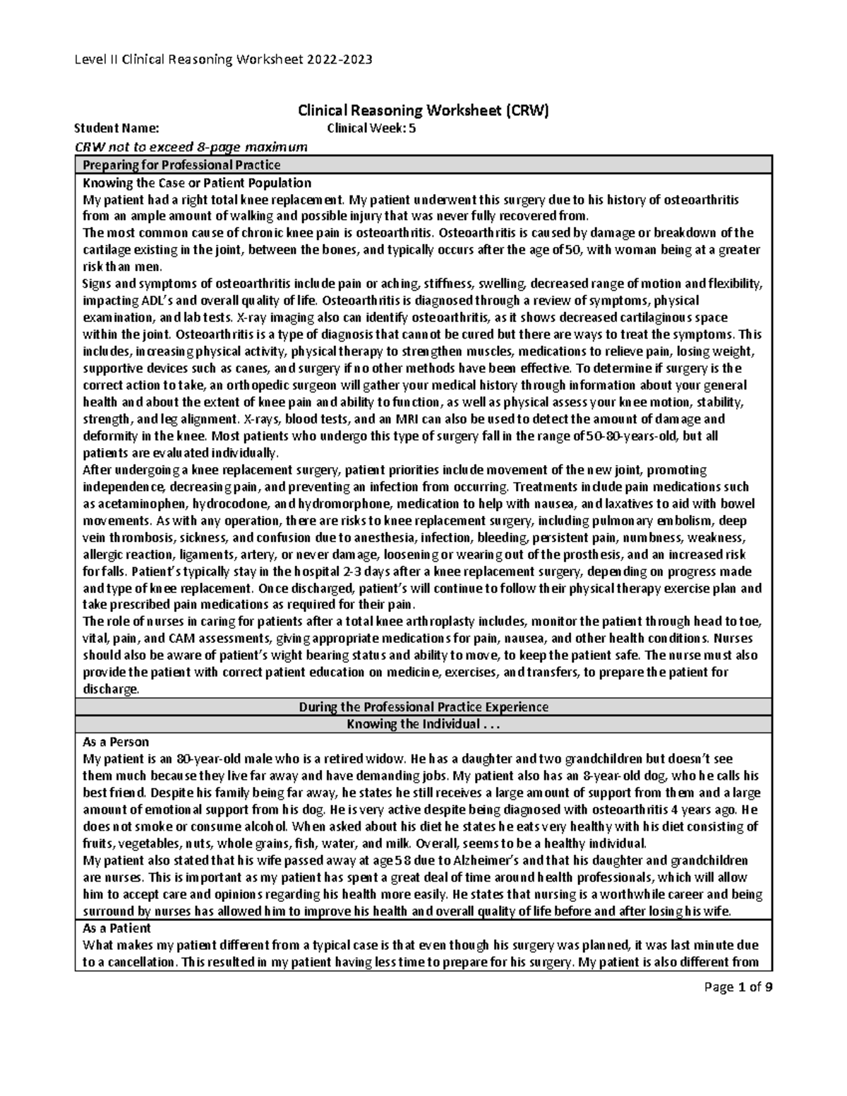 CRW - Clinical Reasoning Worksheet - Clinical Reasoning Worksheet (CRW ...