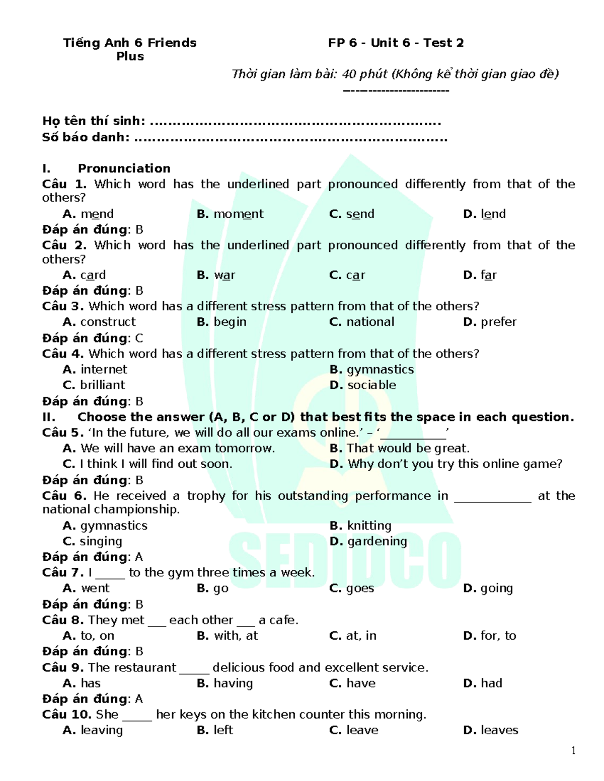 Ôn Tập Giữa Học Kì Ii Unit 6 Test 2 Key Tiếng Anh 6 Friends Plus