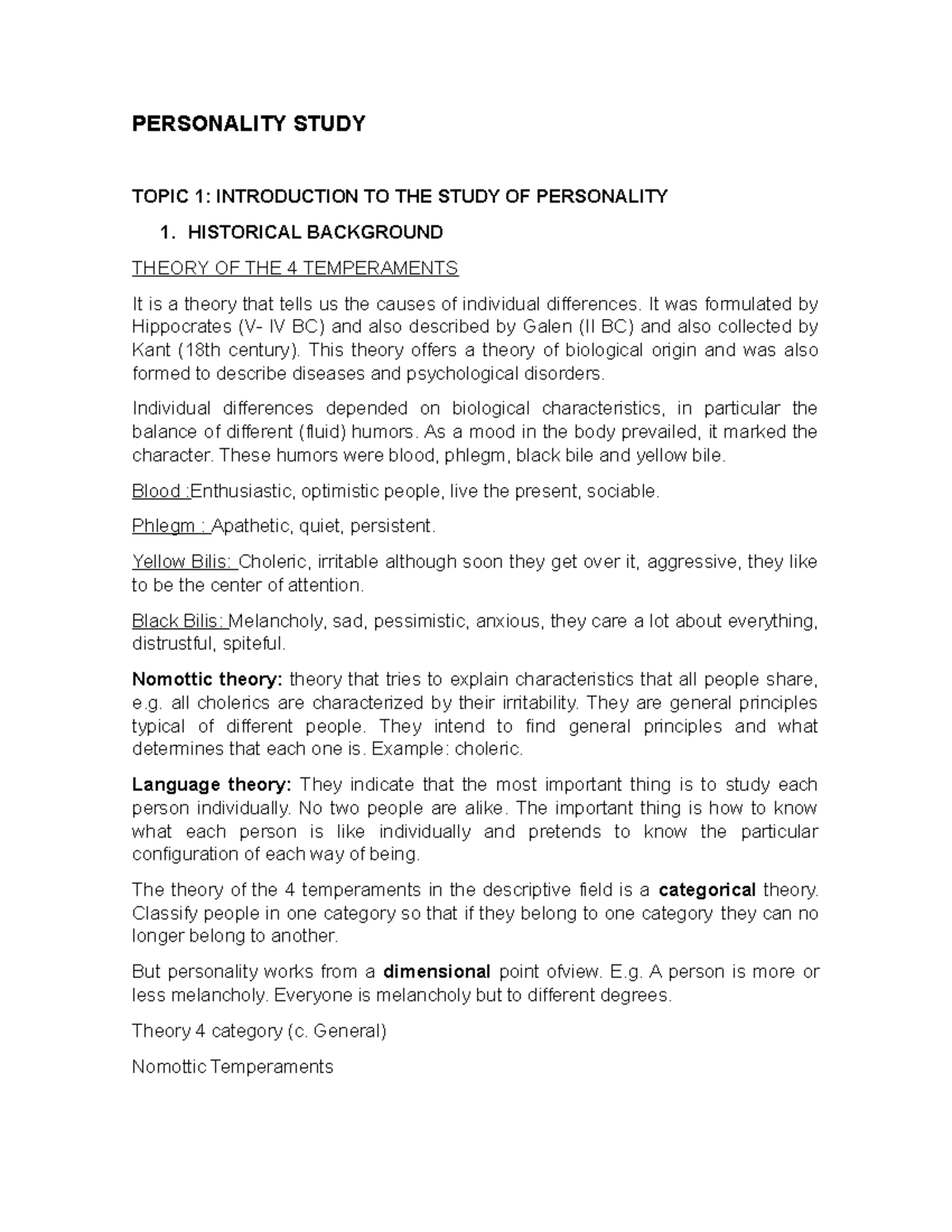 Personality study - PERSONALITY STUDY TOPIC 1: INTRODUCTION TO THE ...