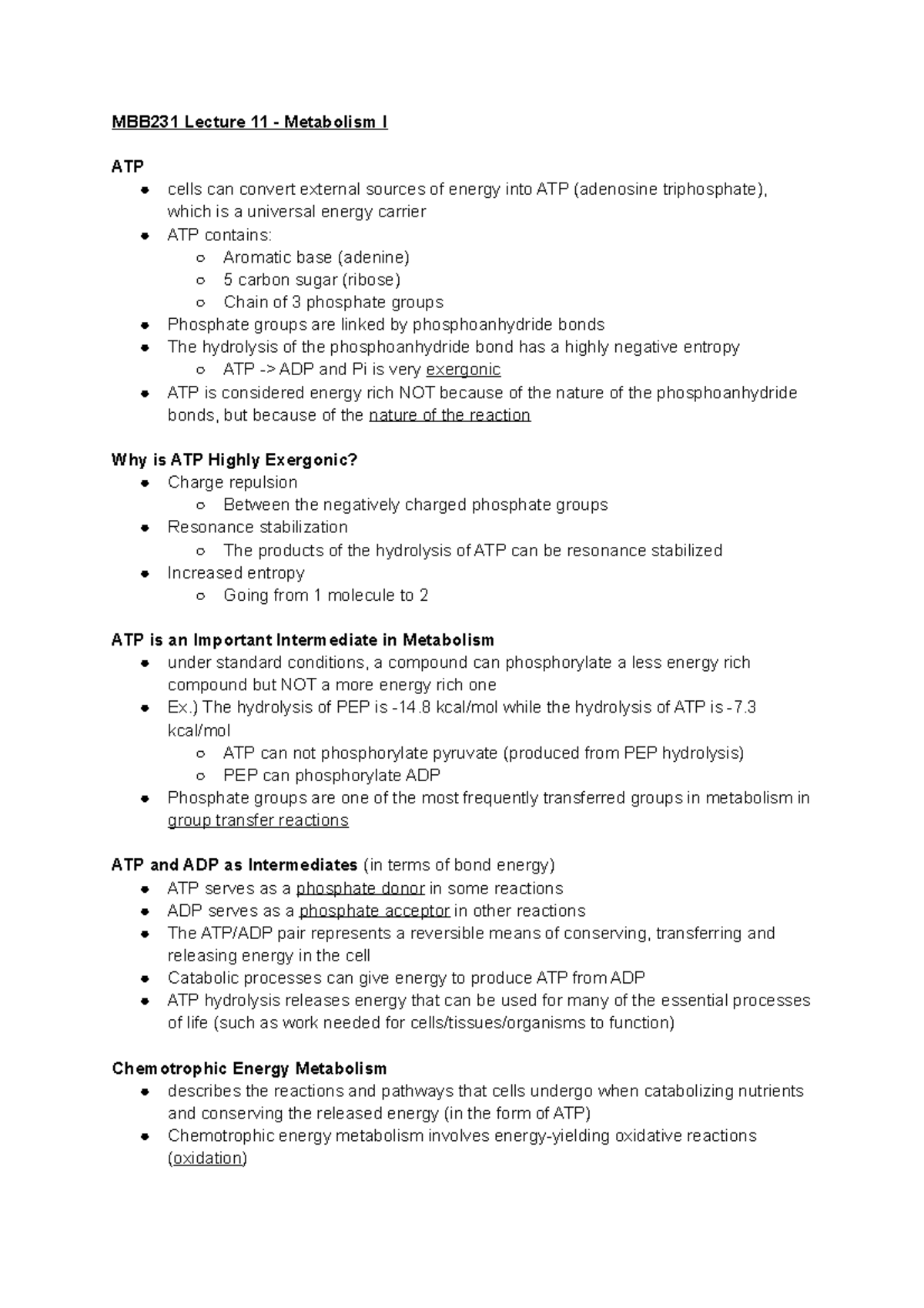 Lecture 11 - Metabolism 1 - MBB231 Lecture 11 - Metabolism I ATP cells can convert - Studocu