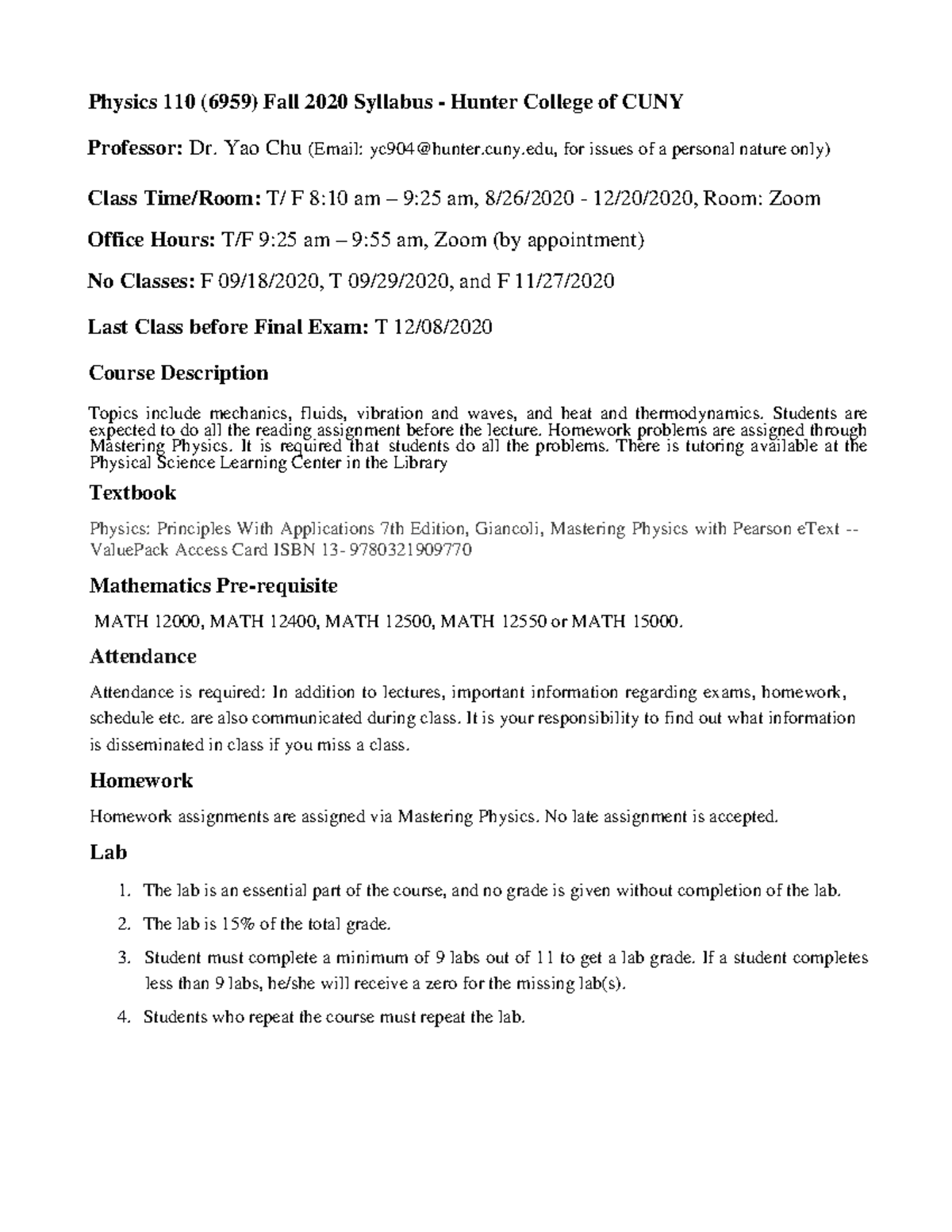 Physics 110 syllabus-Fall 2020-10212020 - Physics 11 0 ( 6959 ) Fall 2020 Syllabus - Hunter ...
