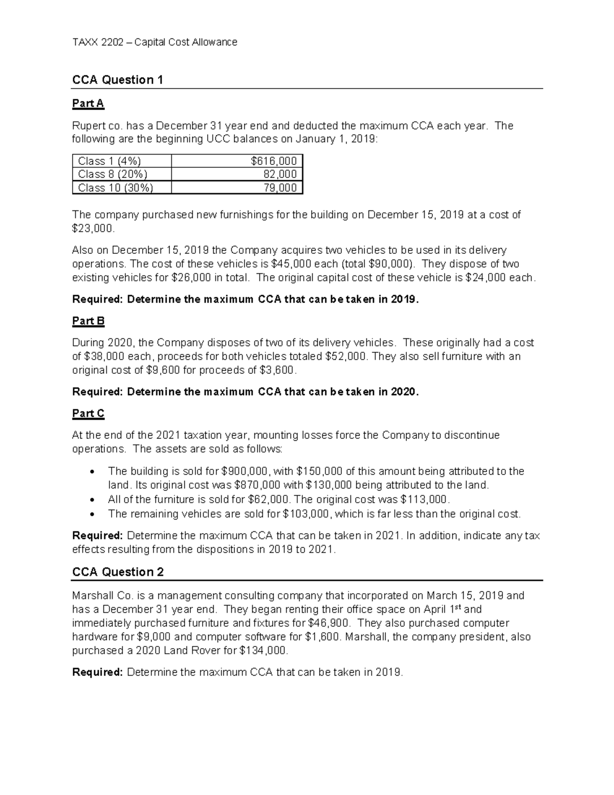 CH 5 HO - TAXX 2202 – Capital Cost Allowance CCA Question 1 Part A ...