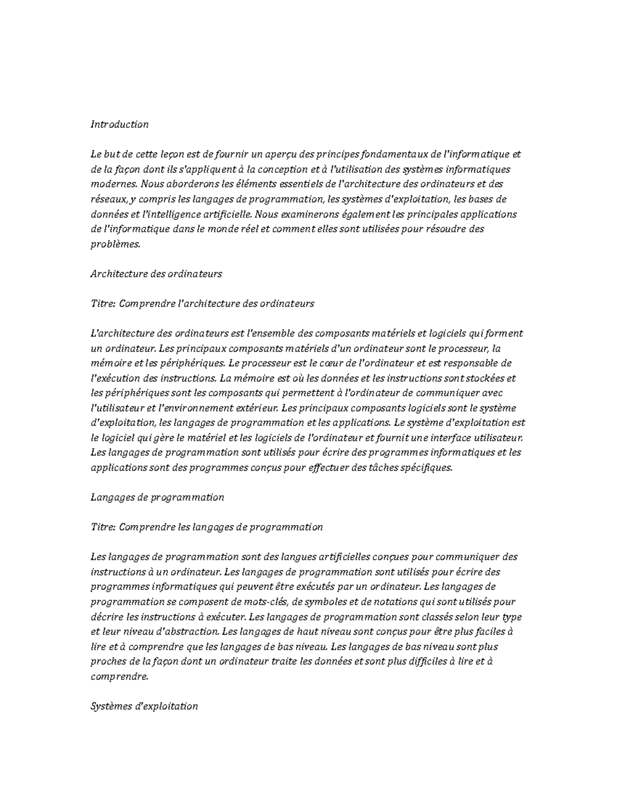 Computer Science Study Notes - Introduction Le but de cette leçon est ...