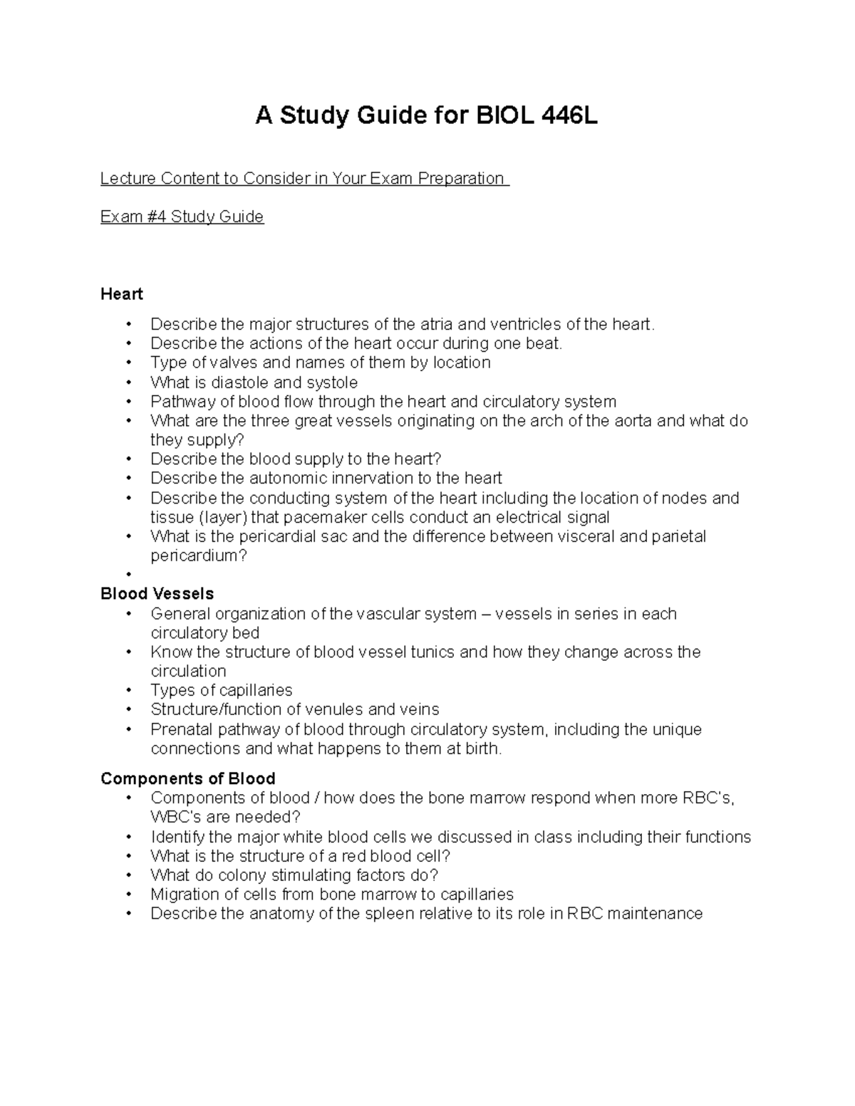 Study Guide for Exam 4 - Exam 4 REVIEW - A Study Guide for BIOL 446L ...