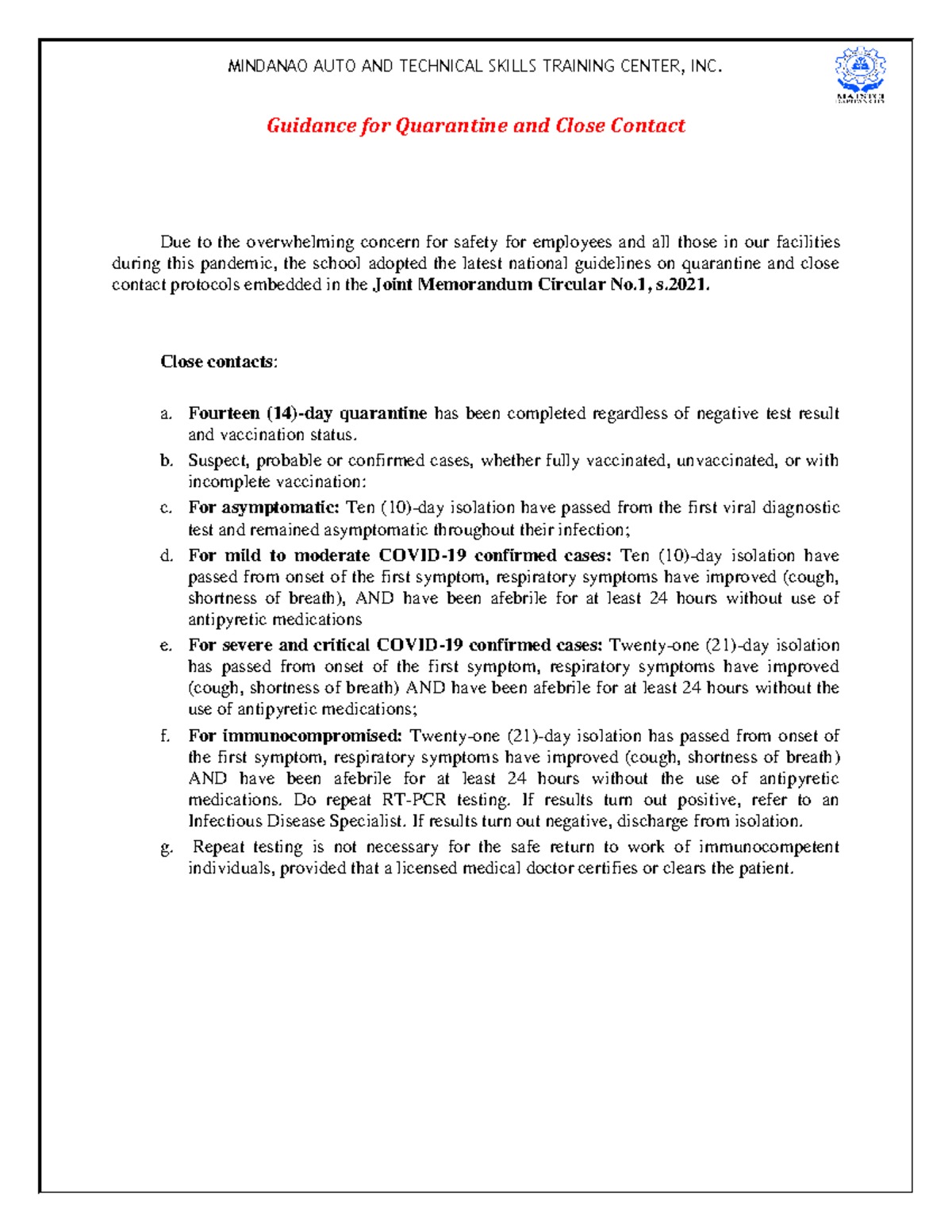 Guidance for Quarantine and Close Contact - MINDANAO AUTO AND TECHNICAL ...