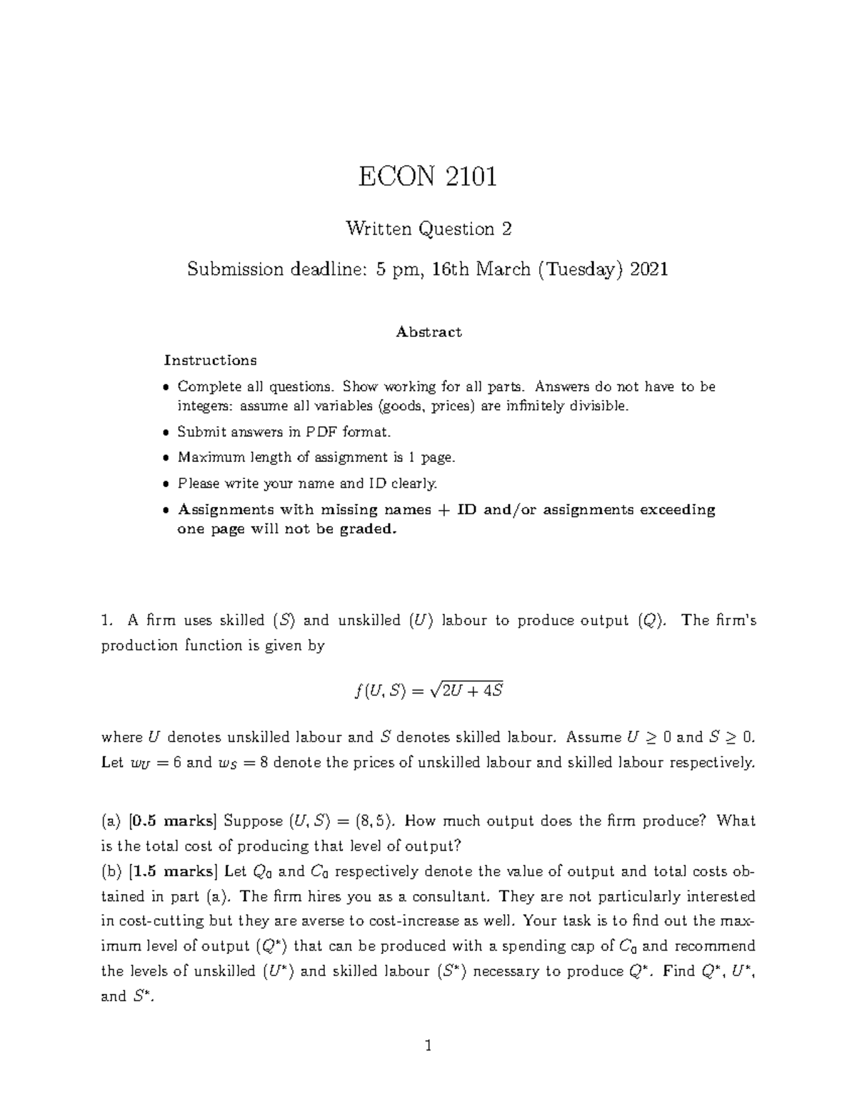 Written Question 2 ECON 2101 T1 2021 updated - ECON 2101 Written ...