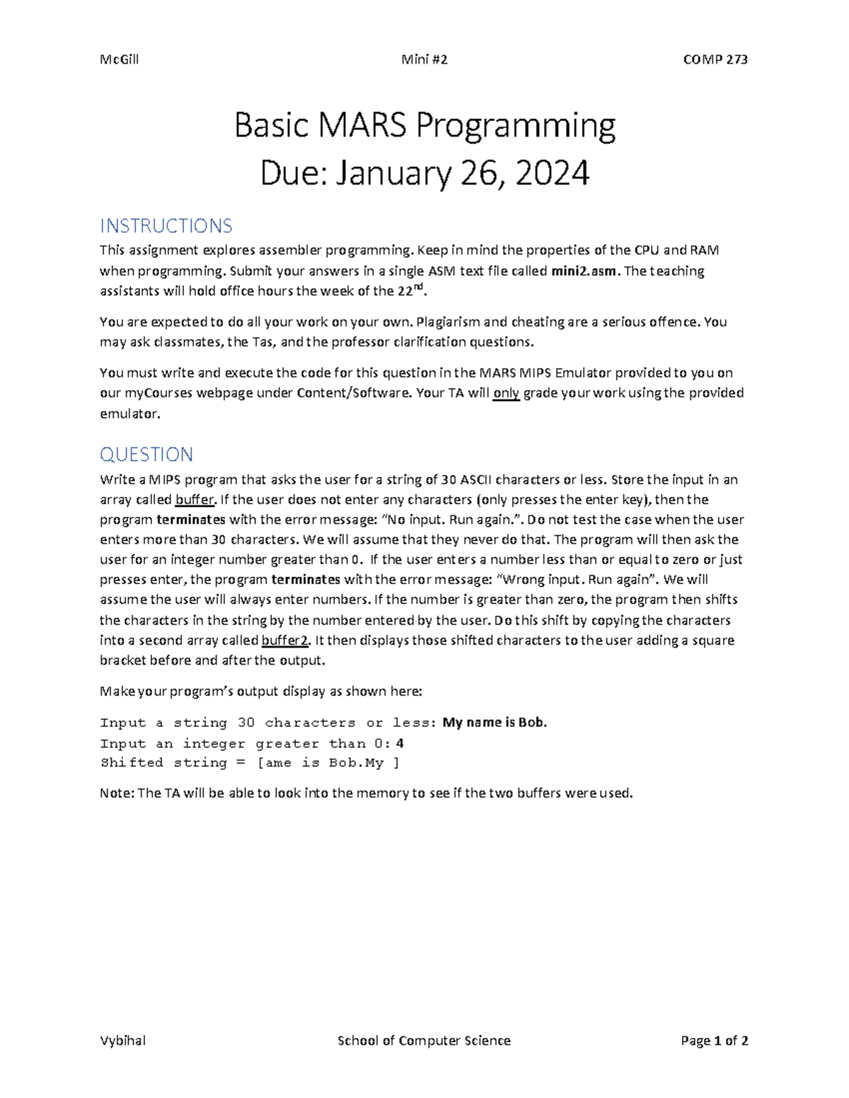 COMP 273 Ass2 Winter 2024 - McGill Mini # 2 COMP 273 Vybihal School of Computer Science Page 1 ...
