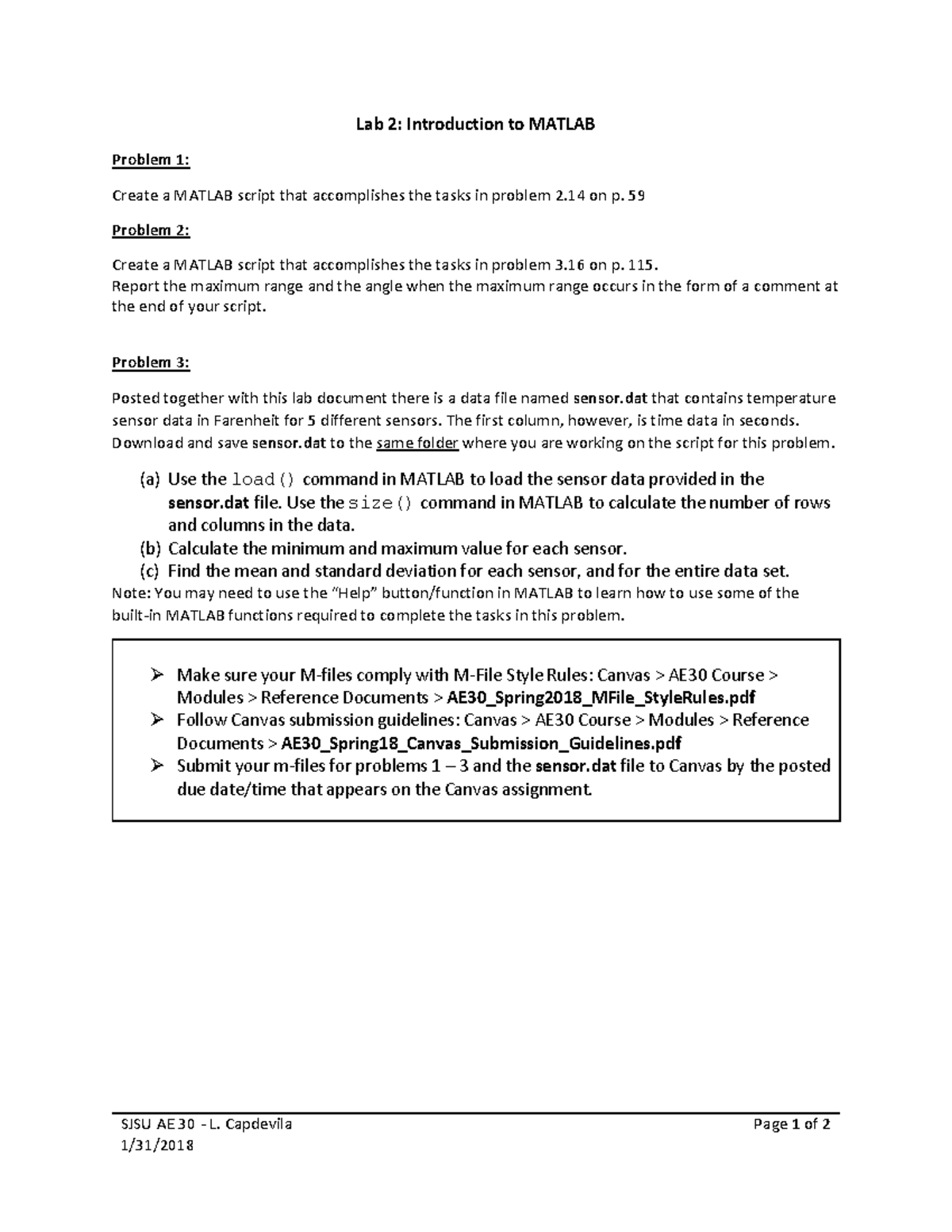 AE 30 - Lab 02 - Arrays in Matlab - SJSU AE 30 - L. Capdevila 1/31/ Page 1 of 2 Lab 2 ...