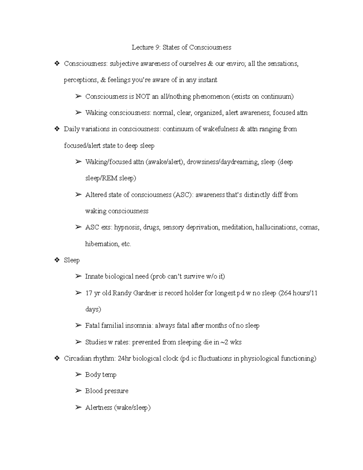 L9 States of Consciousness Notes - Lecture 9: States of Consciousness ...