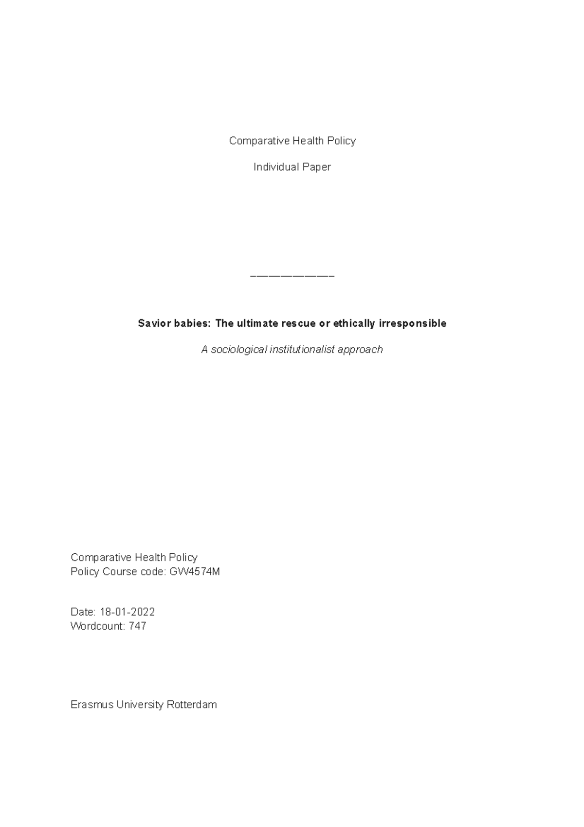Individual paper CHP - Comparative Health Policy Individual Paper ...