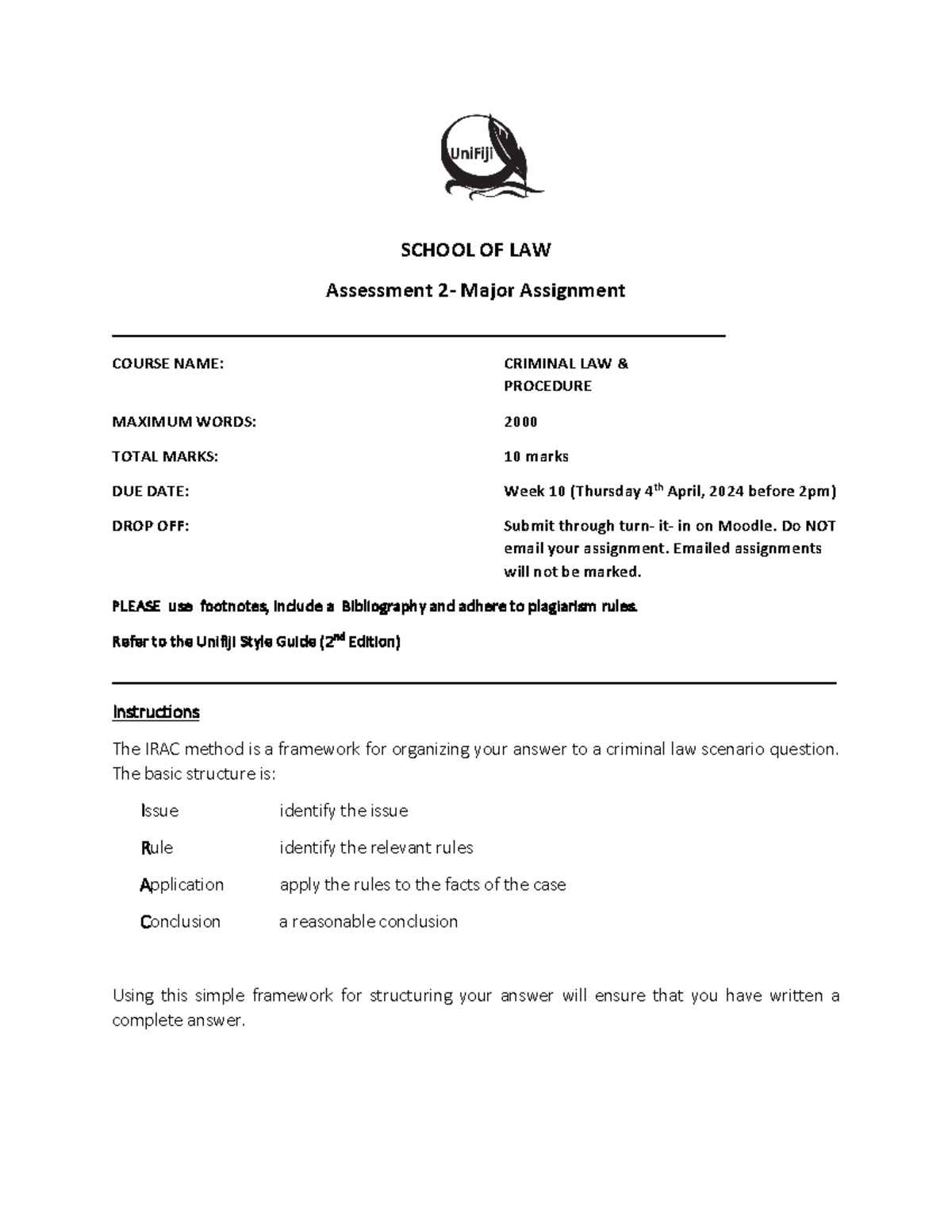 Assignment 2- Major Assignment - SCHOOL OF LAW Assessment 2- Major ...