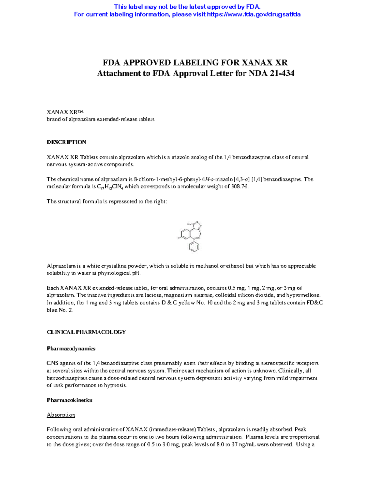 Xanor fda 1 - FDA APPROVED LABELING FOR XANAX XR Attachment to FDA Approval Letter for NDA 21 ...