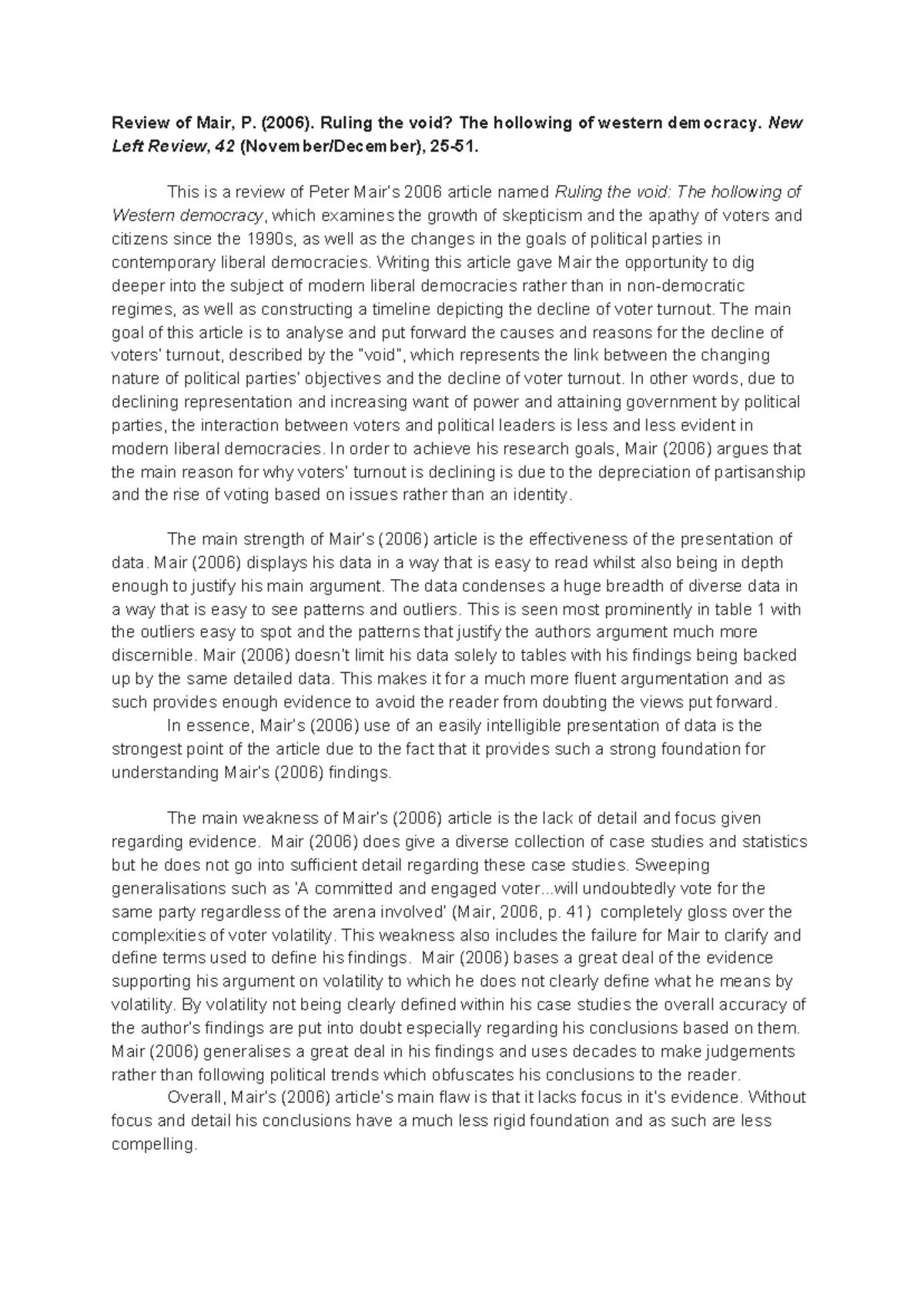 Midterm assignment draft - Review of Mair, P. (2006). Ruling the void ...