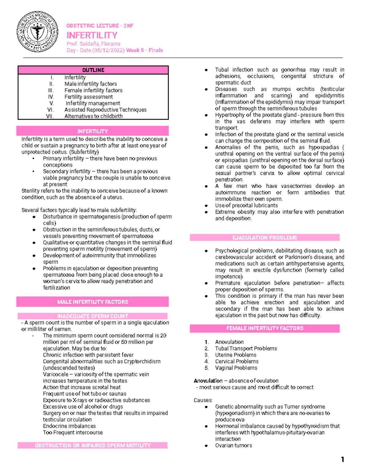 Week 5 Lecture Notes For Finals Period Obstetric Lecture 2nf Infertility Prof Saldaña
